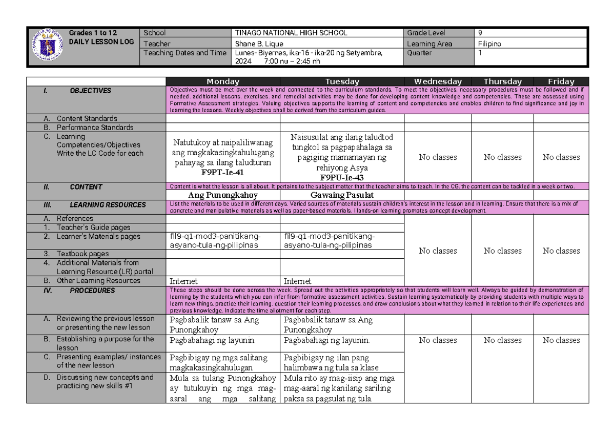 DLL-week 7.Sept - Daily Lesson Log -Filipino 9 - Grades 1 to 12 DAILY ...