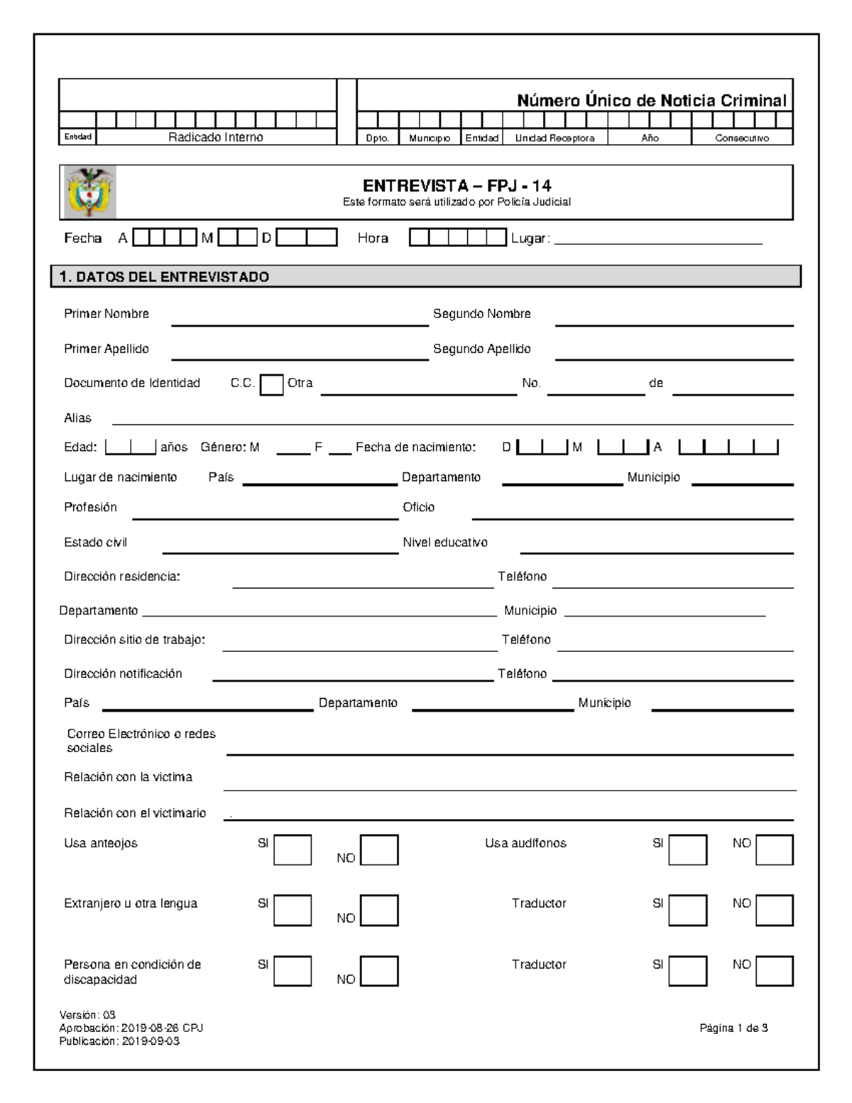 FPJ 14 Entrevista V 03 - Fhjhv - Versión: 03 Aprobación: 2019-08-26 CPJ ...