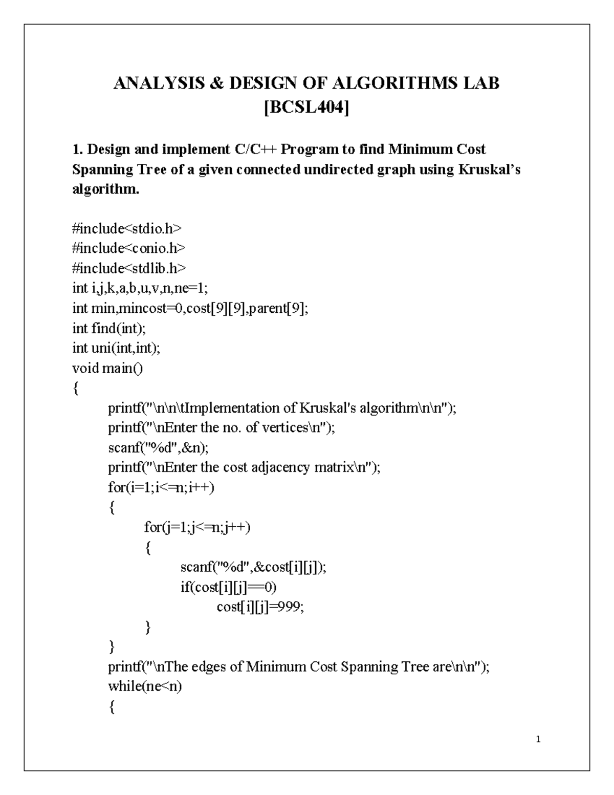 Ada Lab Manual Ddfdd Analysis And Design Of Algorithms Lab Bcsl404 1 Design And Implement