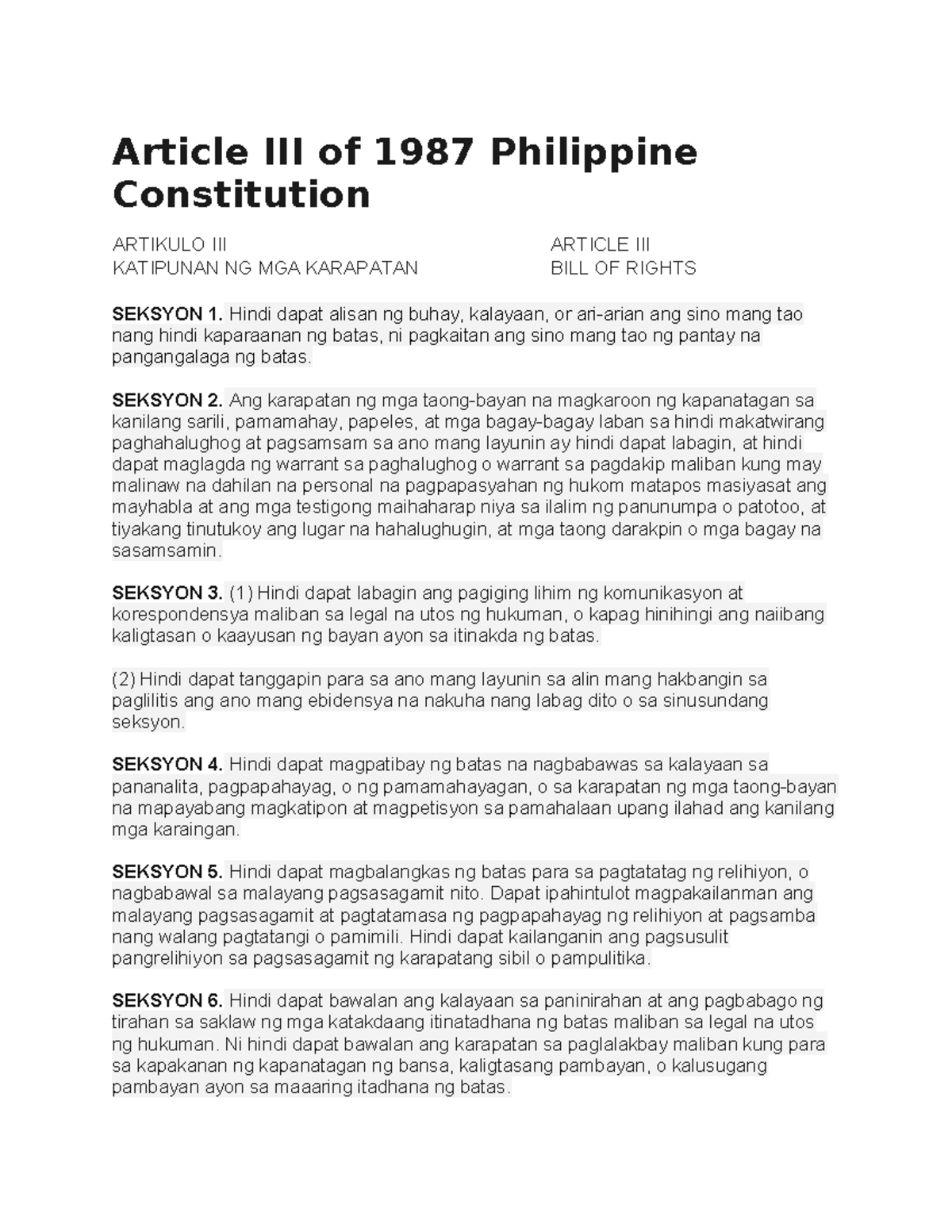 Article-3 - article - Article III of 1987 Philippine Constitution ...