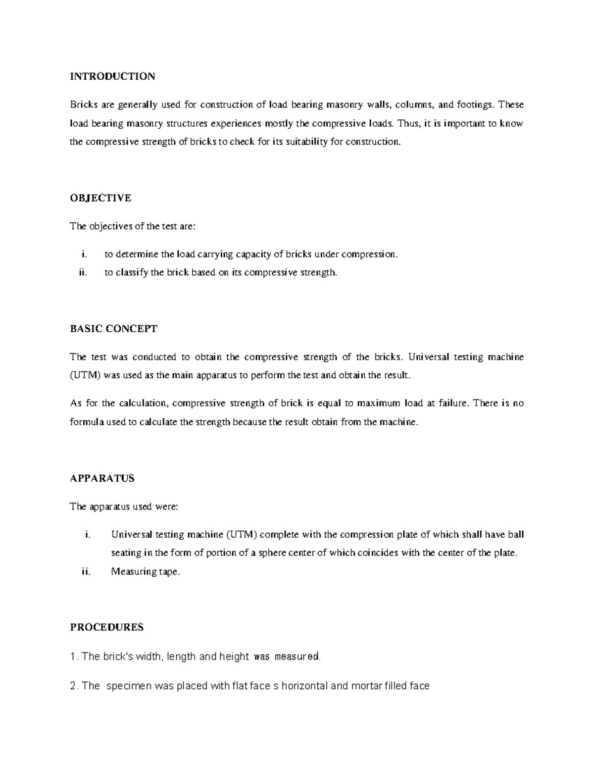 Lab Brick Compression - INTRODUCTION Bricks are generally used for ...