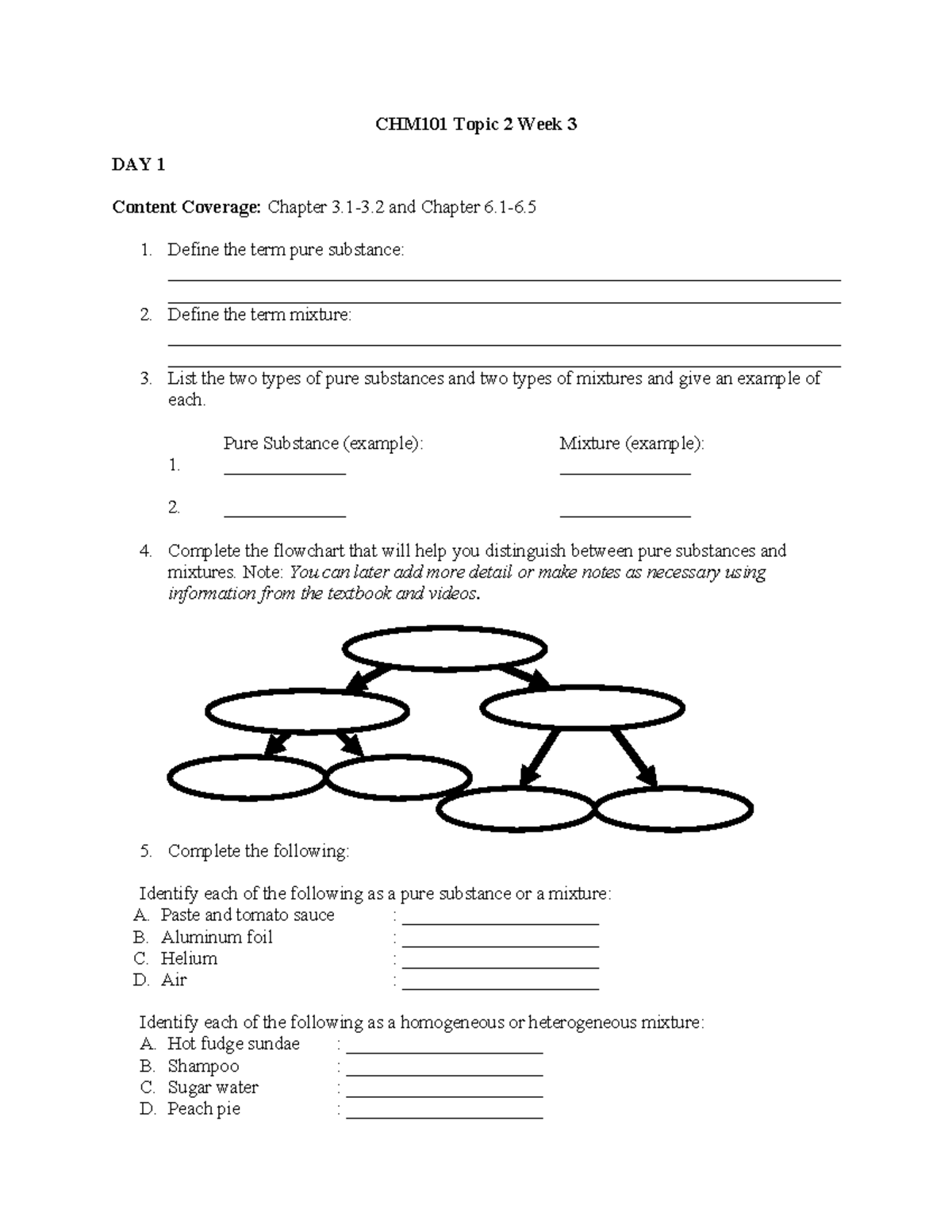 CHM 101 Topic 2 Week 3 Worksheet - CHM101 Topic 2 Week 3 DAY 1 Content Coverage: Chapter 3.1-3 ...