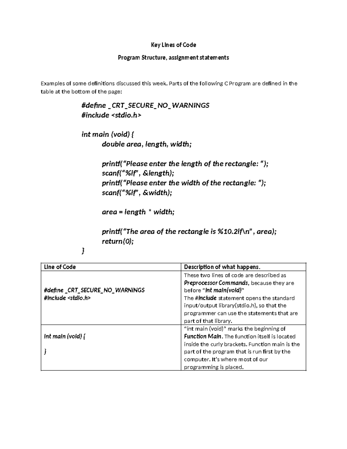 Key Lines - Program Basics - Key Lines of Code Program Structure, assignment statements Examples ...