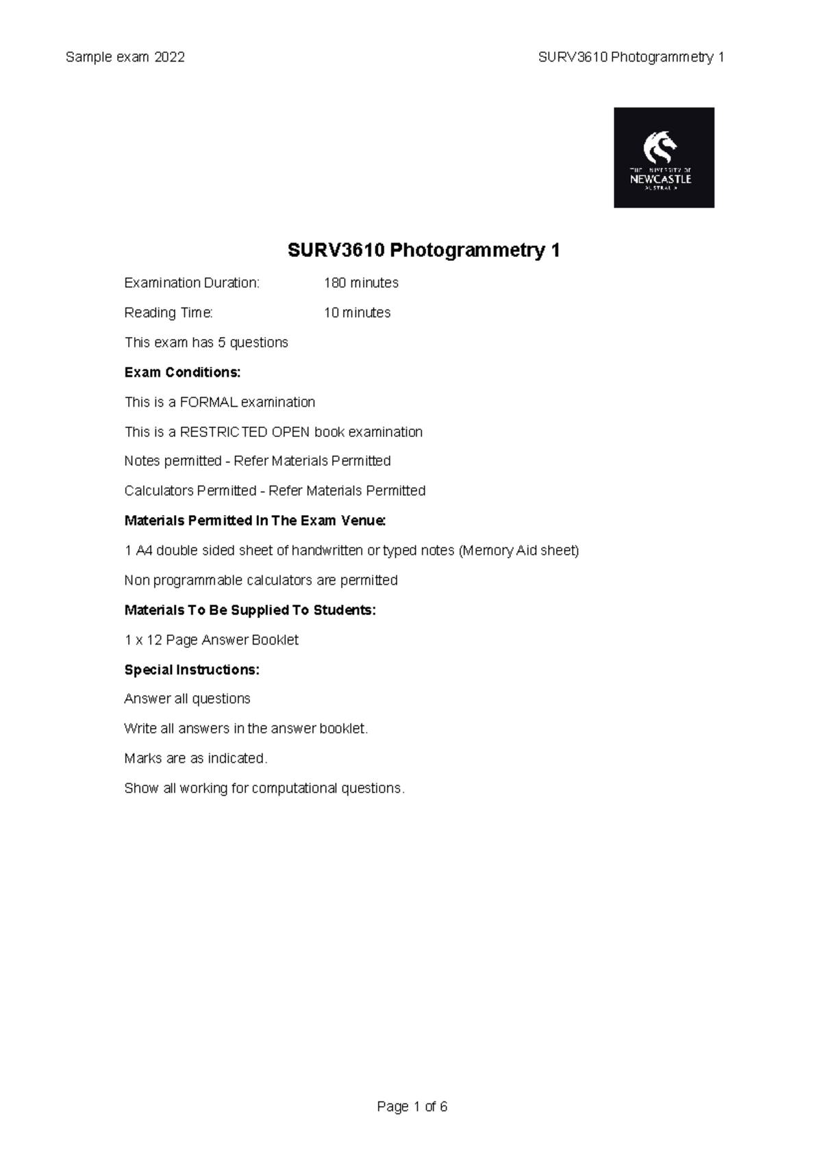 SURV3610 Photogrammetry 1 - Sample Exam - SURV3610 Photogrammetry 1 ...