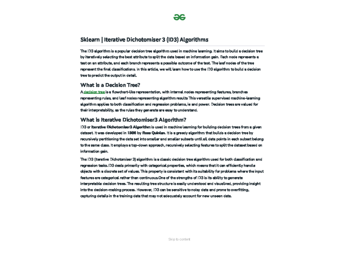 Sklearn Iterative Dichotomiser 3 (ID3) Algorithms - Geeksfor Geeks - The ID3 algorithm is a ...