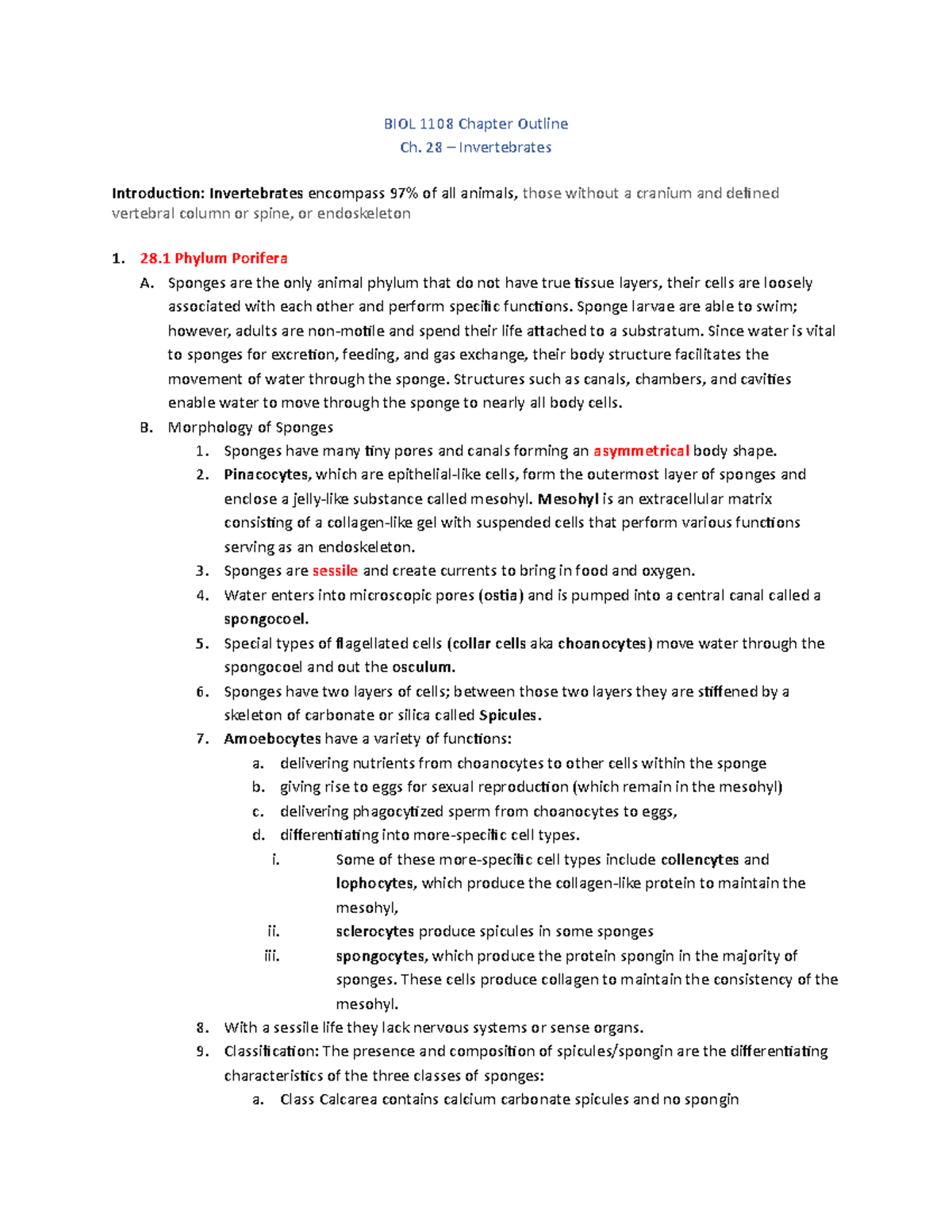Ch. 28 - Invertebrates Notes - BIOL 1108 Chapter Outline Ch. 28 ...