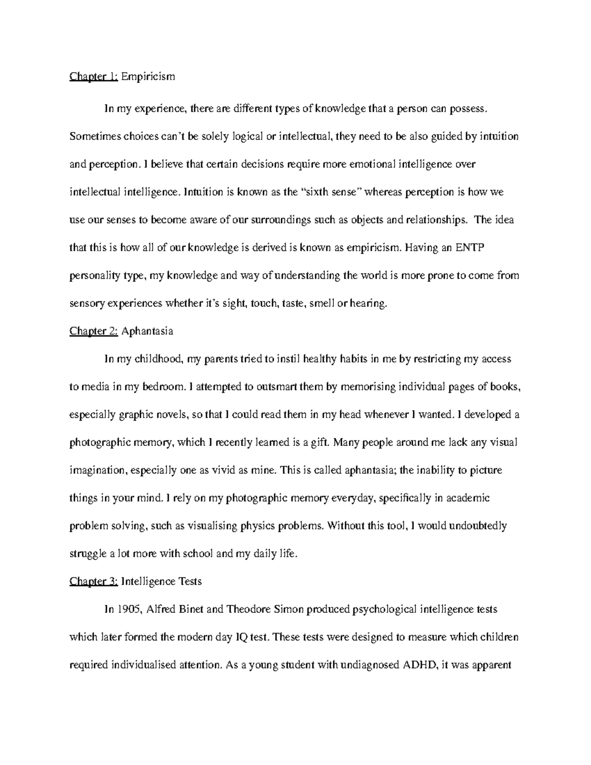 Psych 105 writing assignments - Chapter 1: Empiricism In my experience ...