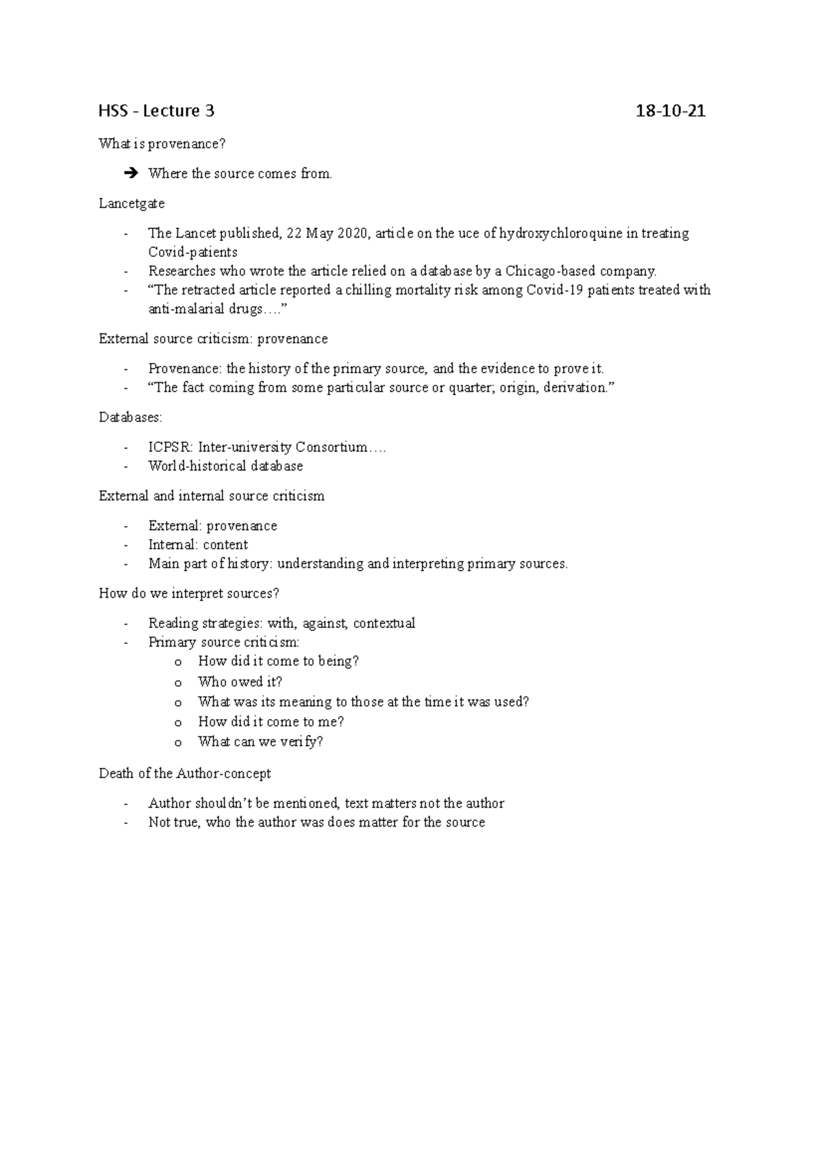 Heuristic Skills and Sources - lecture 3 - 18-10-21 - HSS - Lecture 3 18-10- What is provenance ...