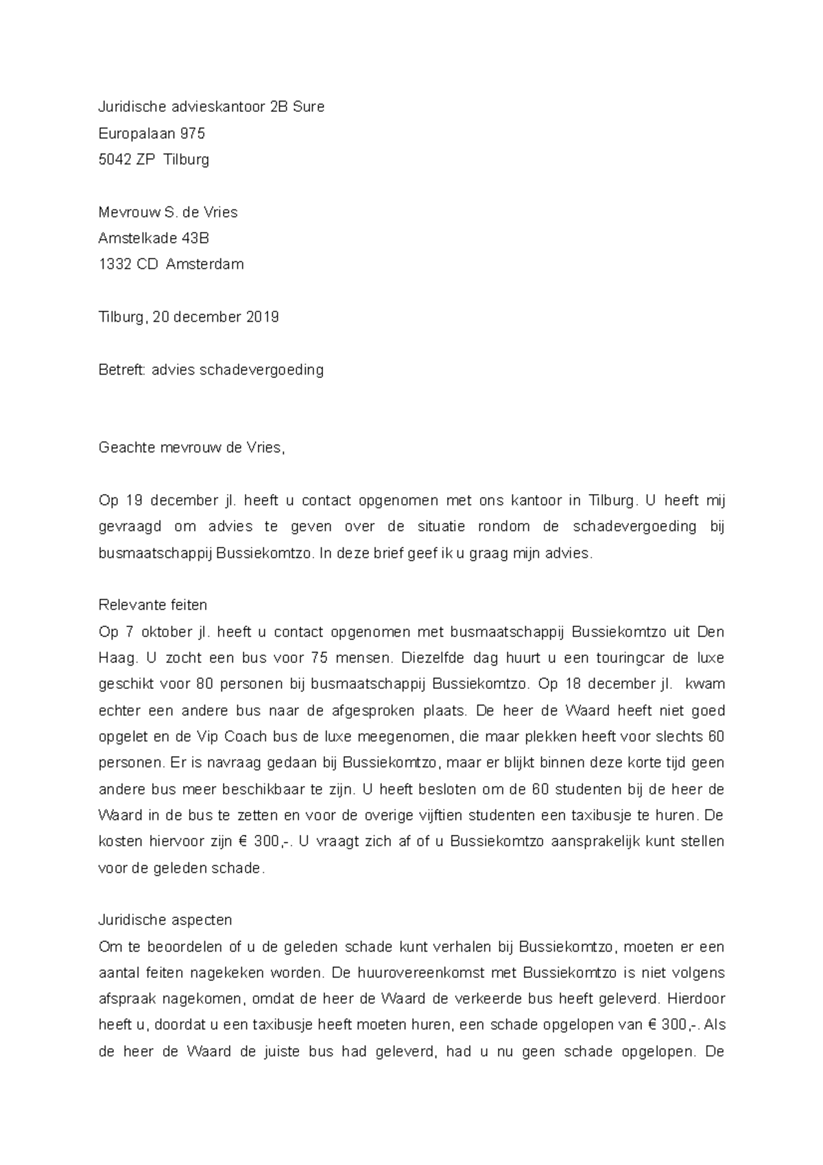 Juridische adviesbrief Beroepsproduct - Juridische advieskantoor 2B ...