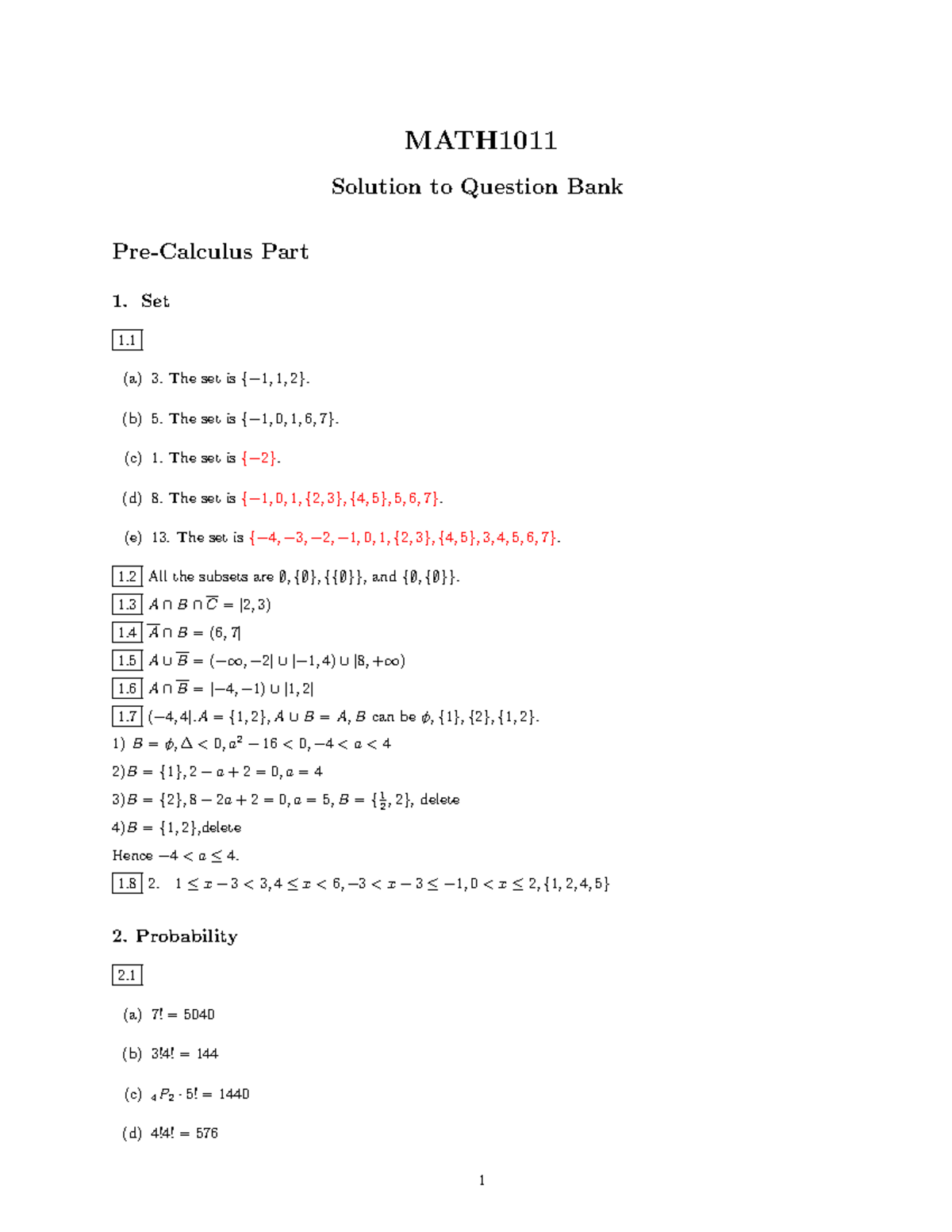Question Bank Answers - MATH Solution to Question Bank Pre-Calculus ...