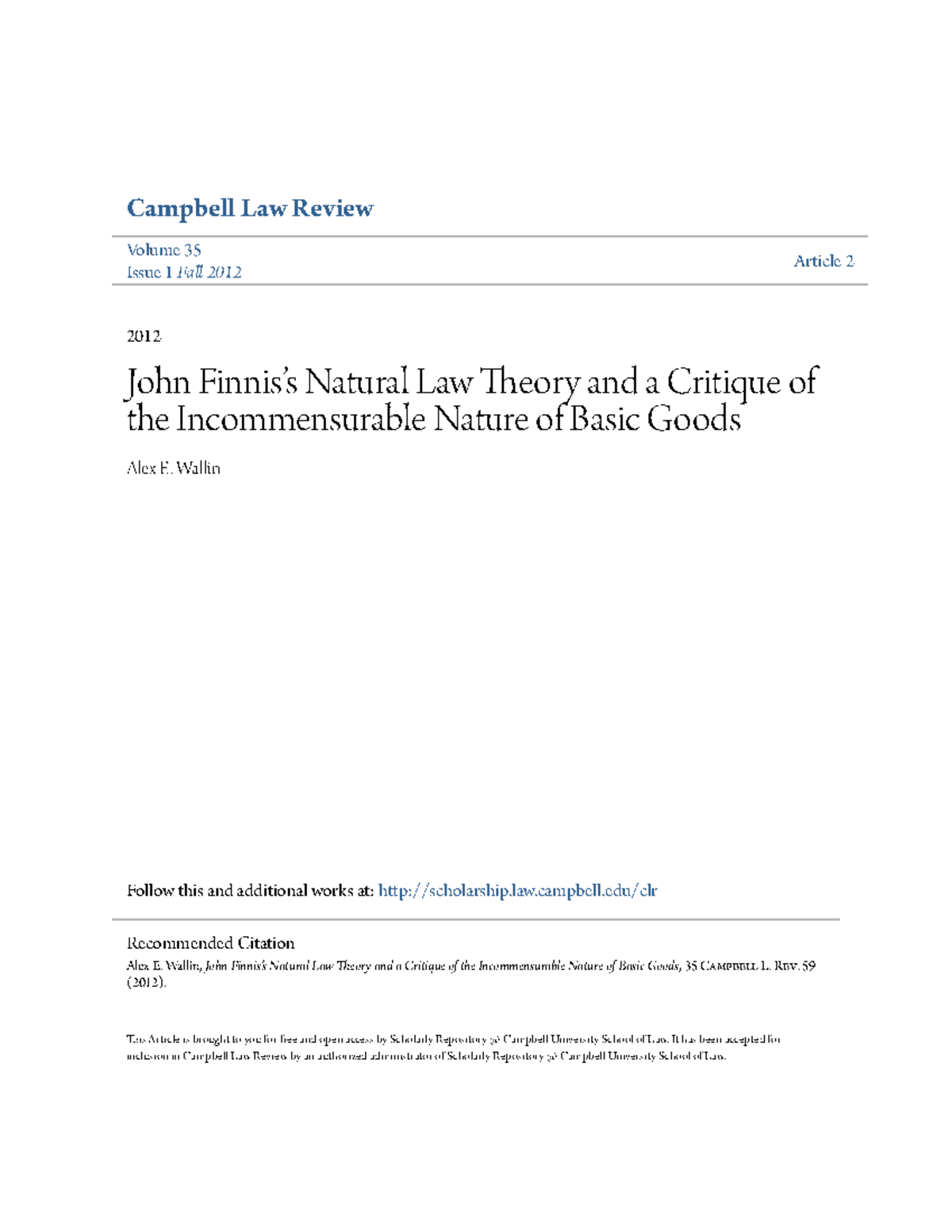 John Finnis s Natural Law Theory and a Critique of the Incommensu ...