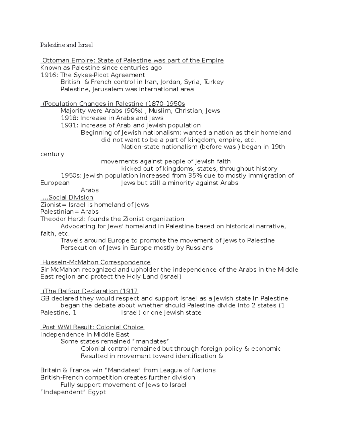 Palestine and Israel Lecture Notes - Palestine and Israel Ottoman ...