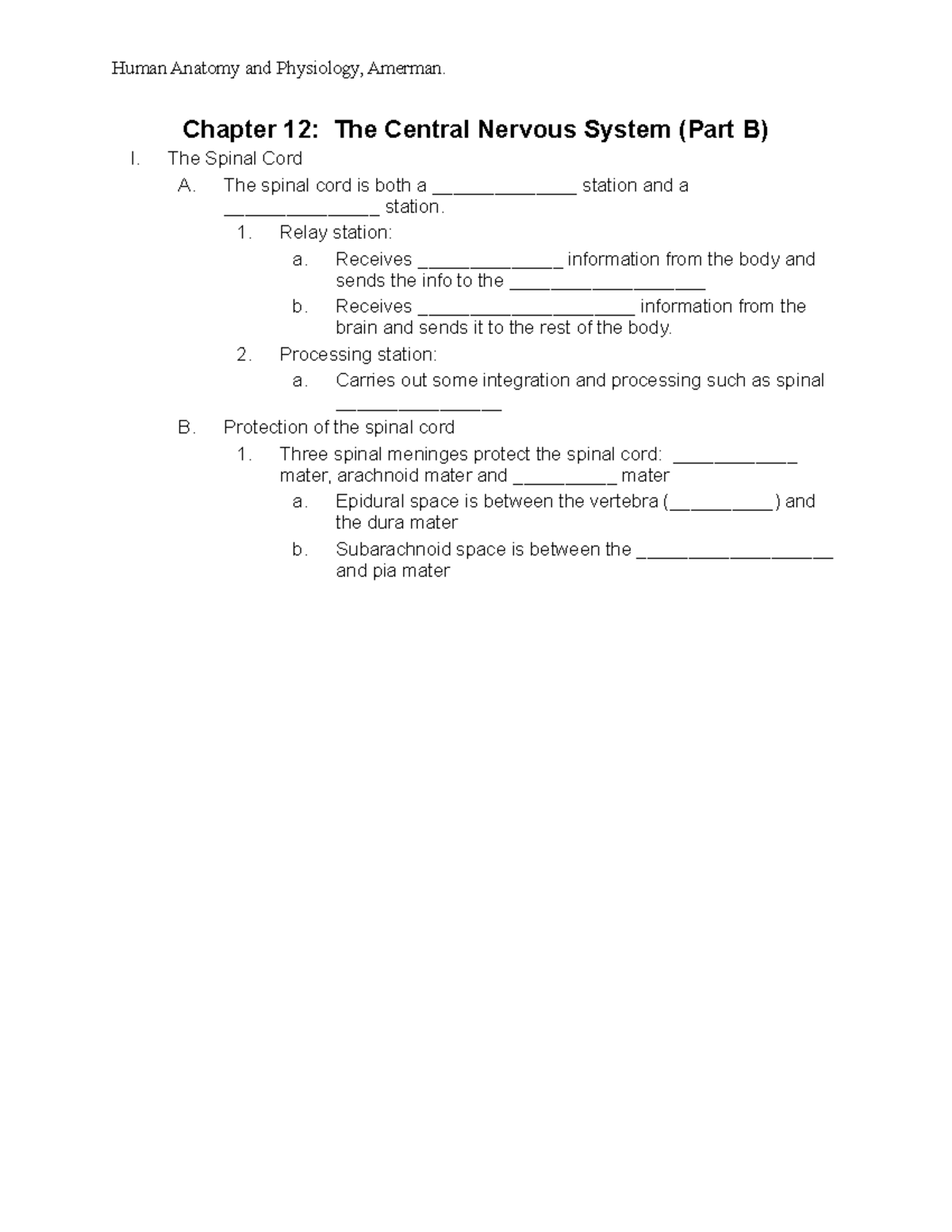 BIO 109 Chapter 12 Outline Notes Amerman Part B - Chapter 12: The ...