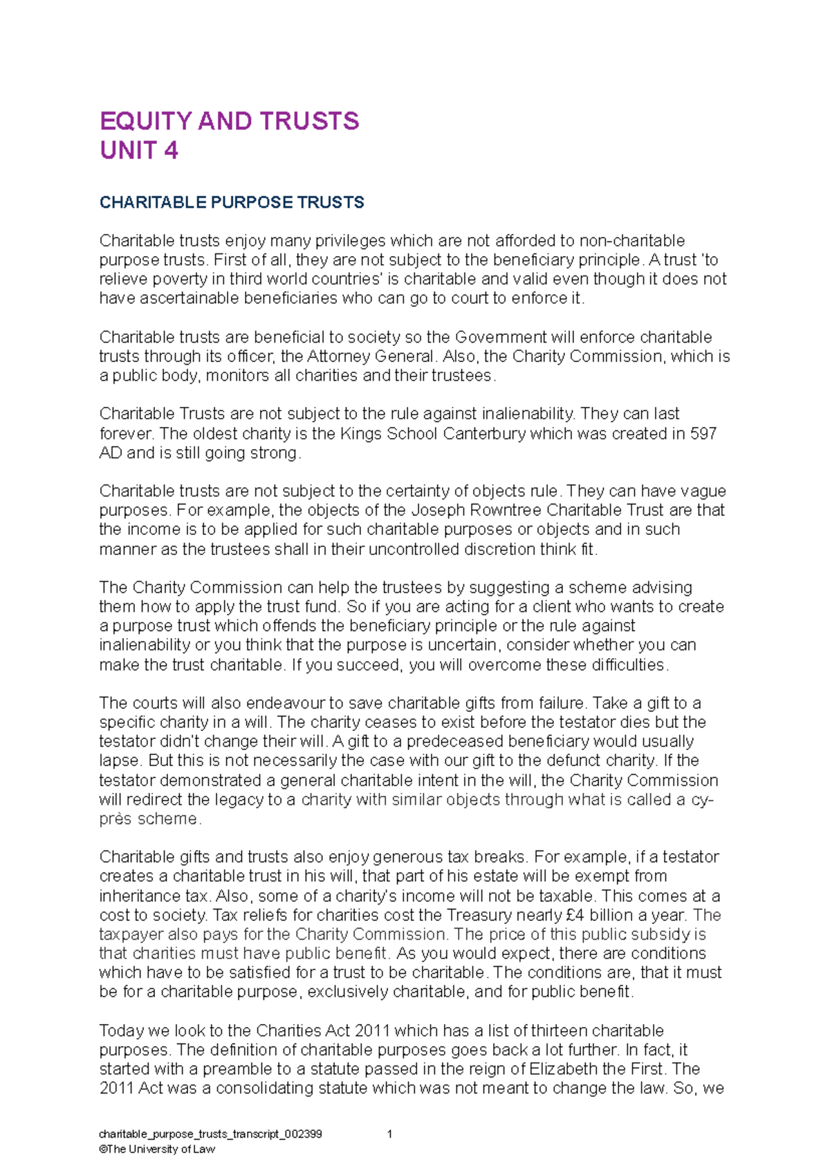 Charitable purpose trusts transcript 002399 - EQUITY AND TRUSTS UNIT 4 CHARITABLE PURPOSE TRUSTS ...