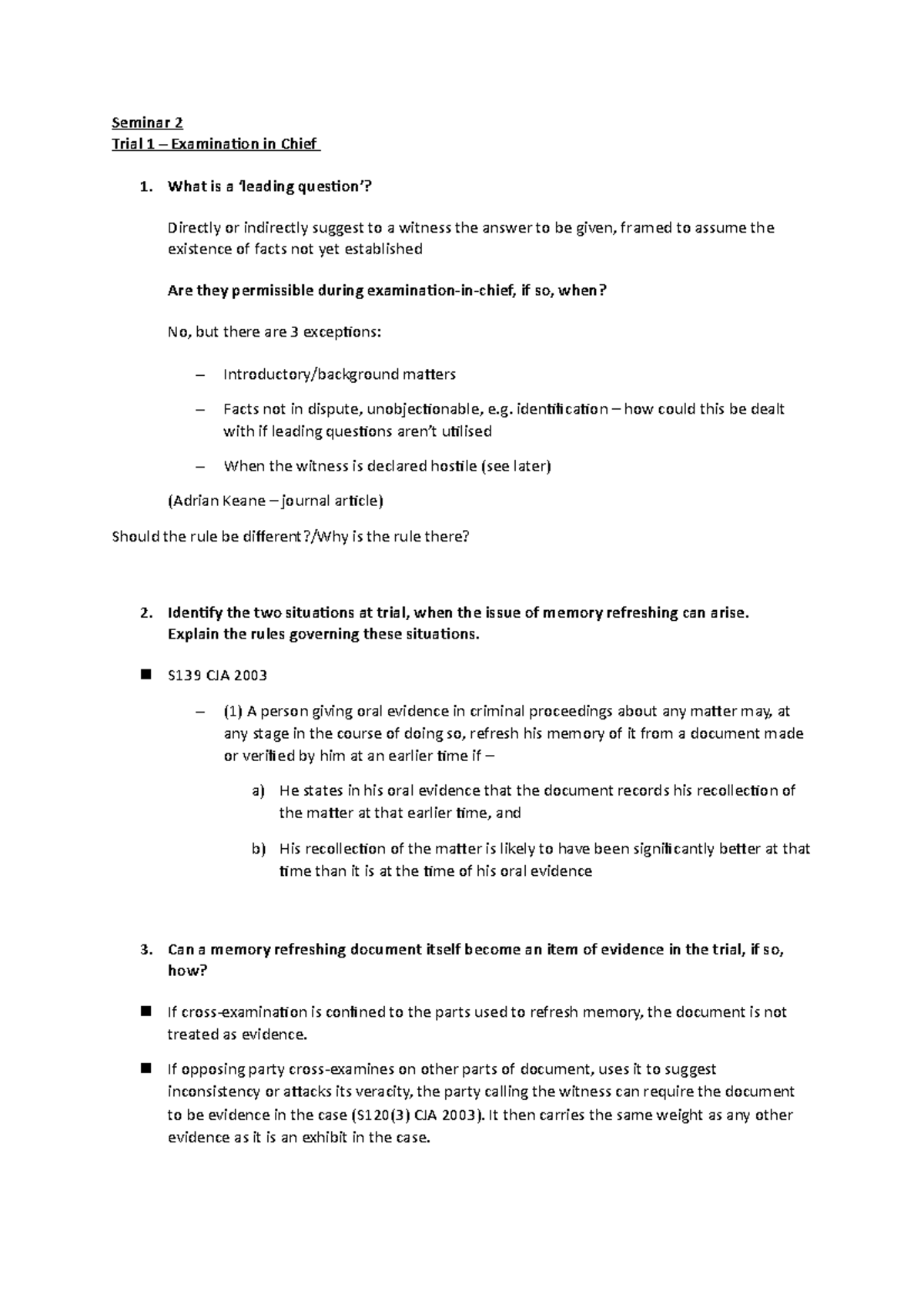 Seminar 2 - Seminar 2 Trial 1 – Examination in Chief 1. What is a ...