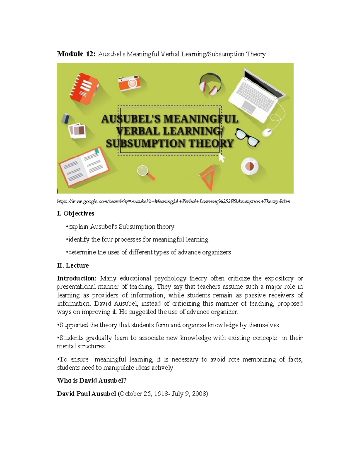 Module-12 - Module 12: Ausubel's Meaningful Verbal Learning/Subsumption ...