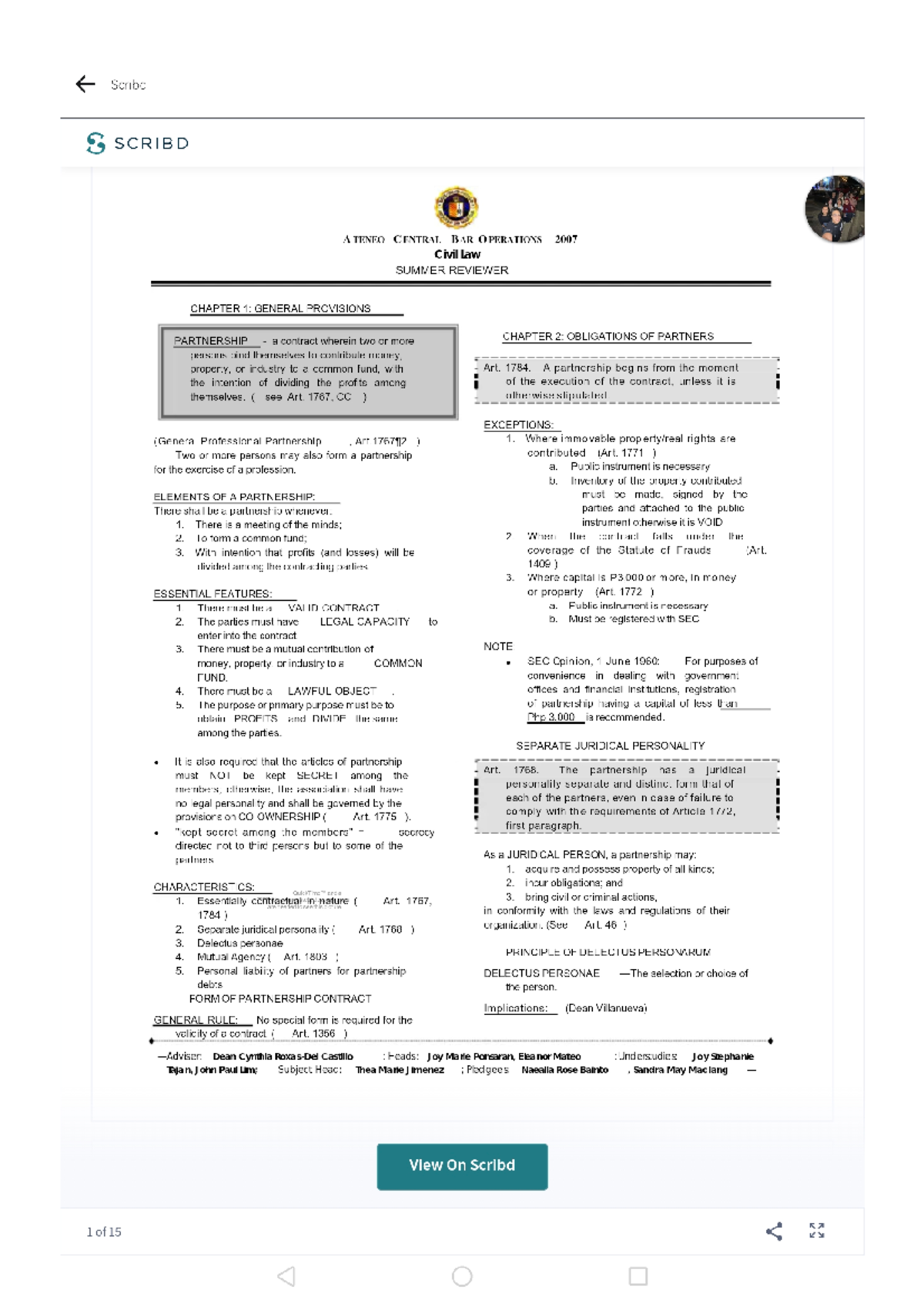 Partnership Reviewer - Scribd 6 SCRIBD A TENEO CENTRAL BAR OPERATIONS ...