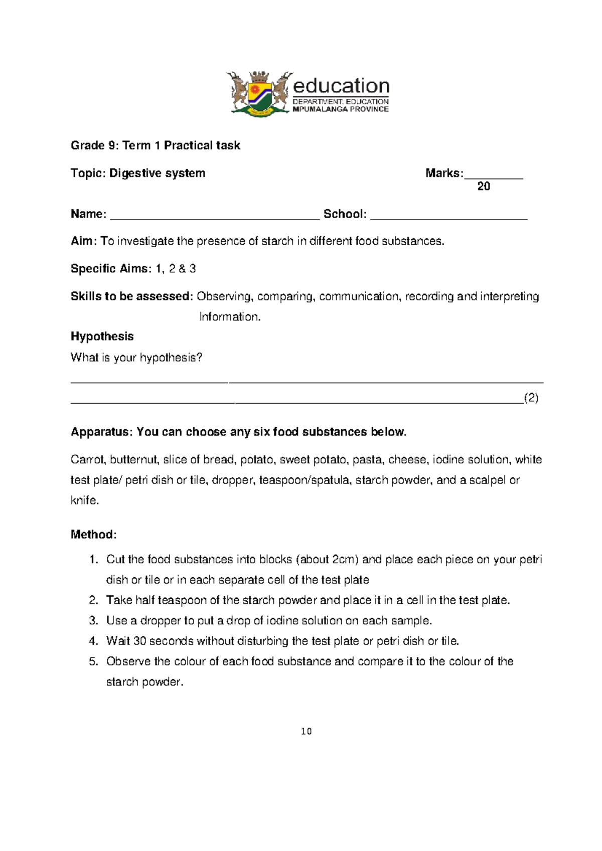 Grade 9 practical 2024-2 - 10 Grade 9: Term 1 Practical task Topic: Digestive system Marks ...