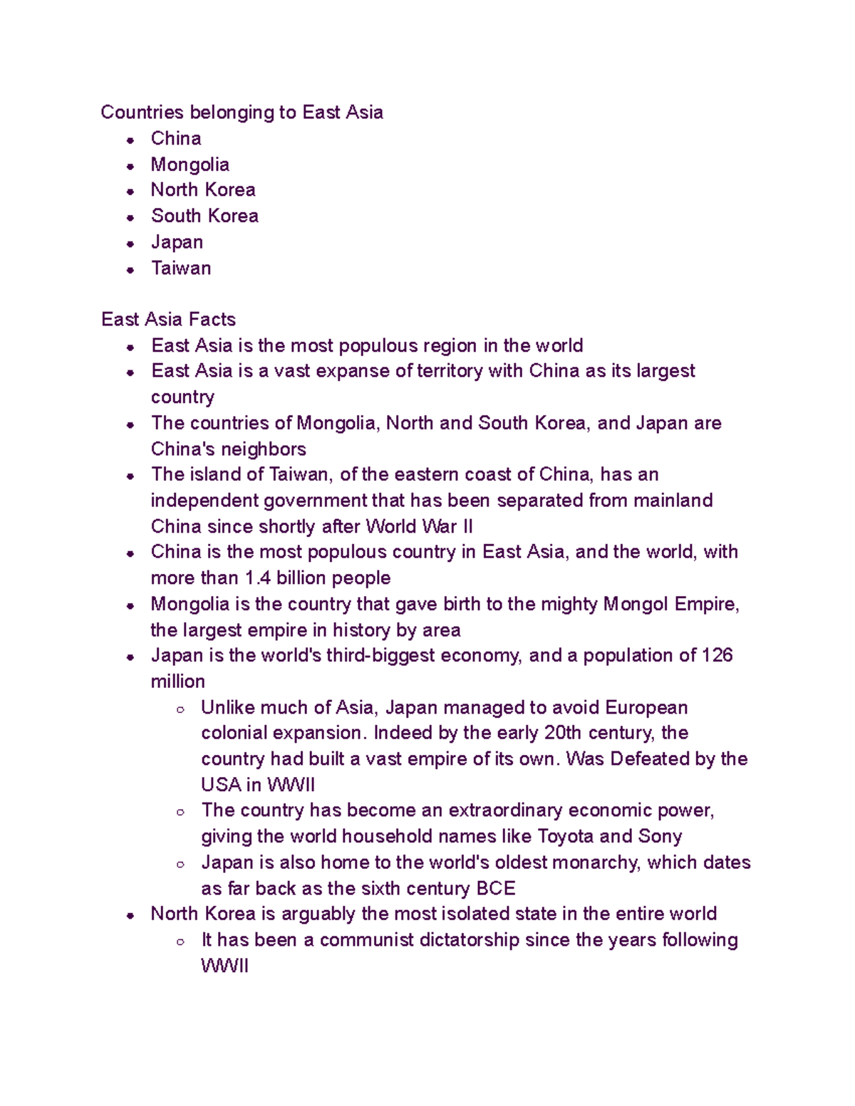 Week 2 WRG notes - Tells what countries belong to East Asia, has a list ...