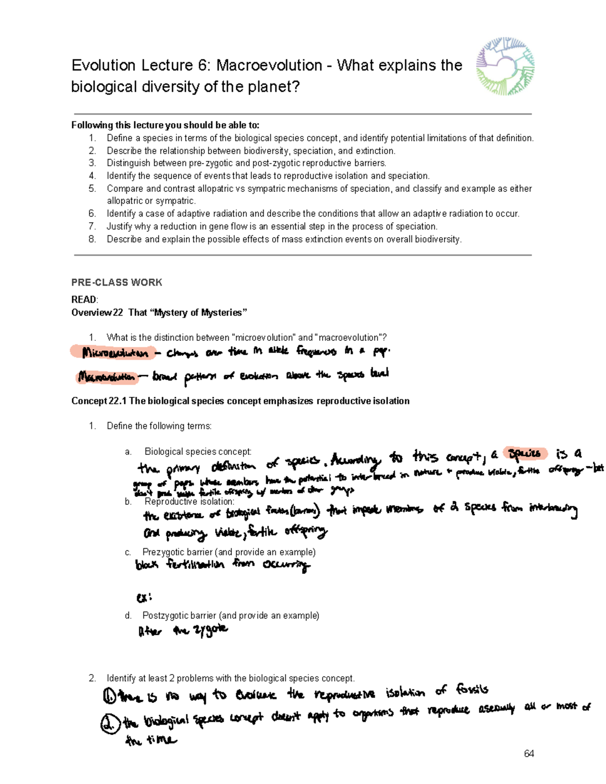 Evolution Course Packet 2021 4 - Evolution Lecture 6: Macroevolution - What explains the ...