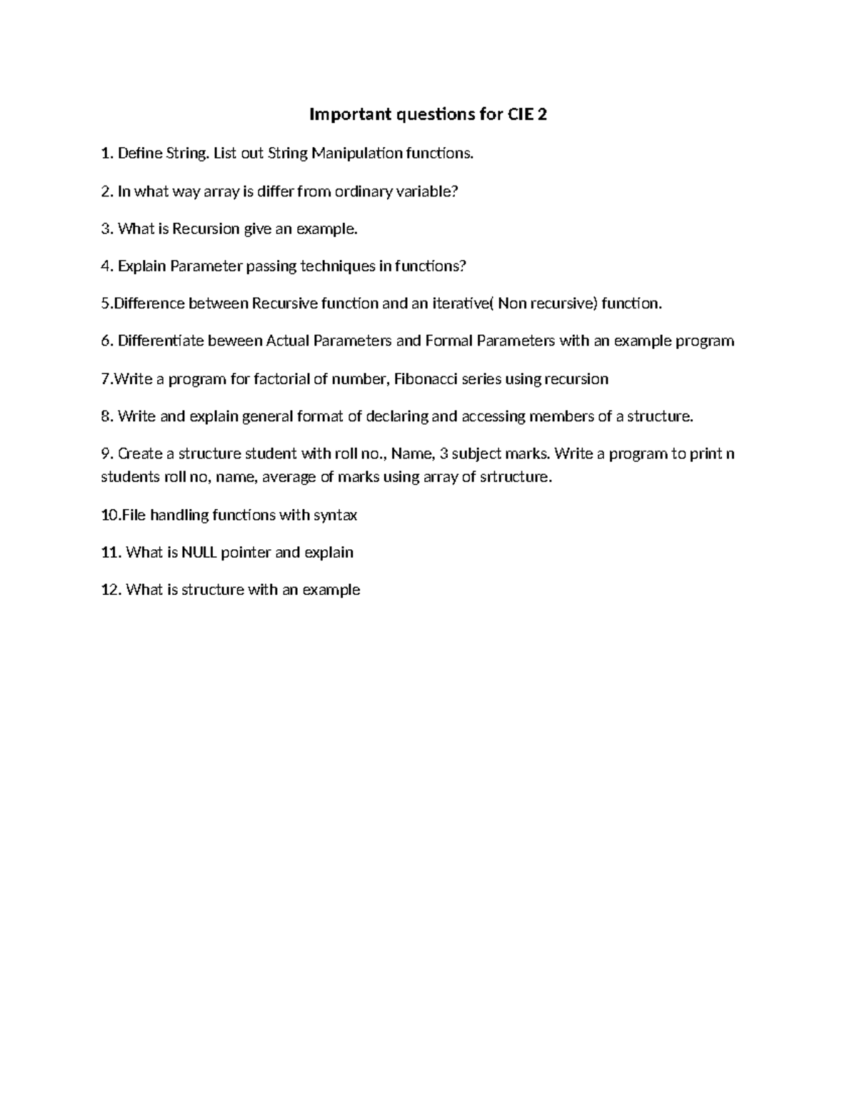 Important questions for CIE 2 - Define String. List out String ...