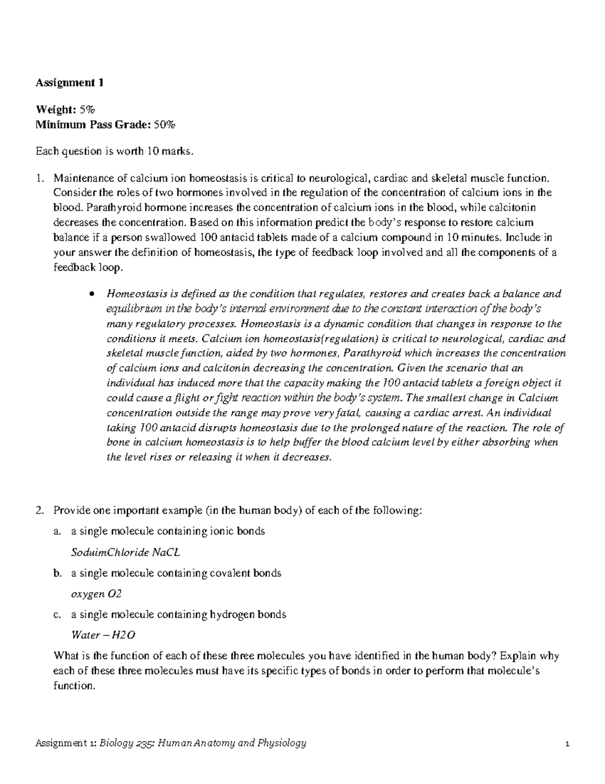 Assignment 1- Bio 235 - Assignment 1 Weight: 5% Minimum Pass Grade: 50% ...