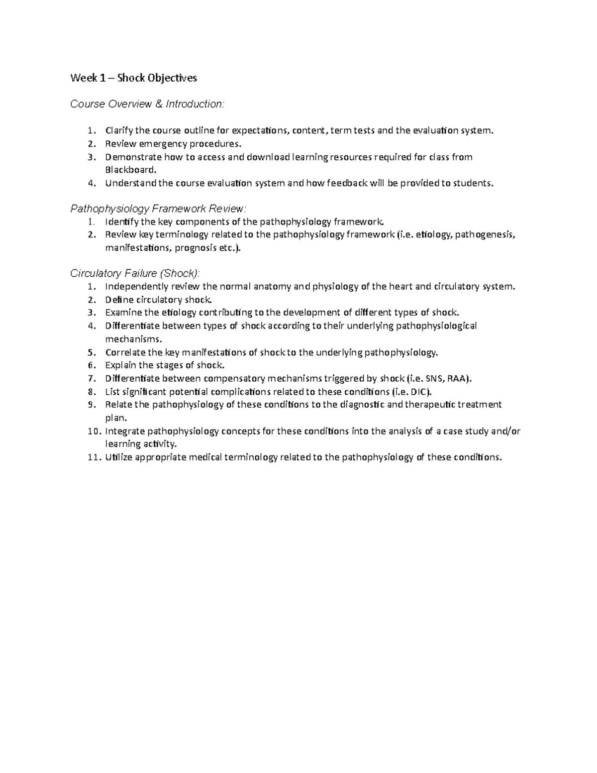 Week 1 objectives Shock - Week 1 – Shock Objectives Course Overview & Introduction: Clarify the ...