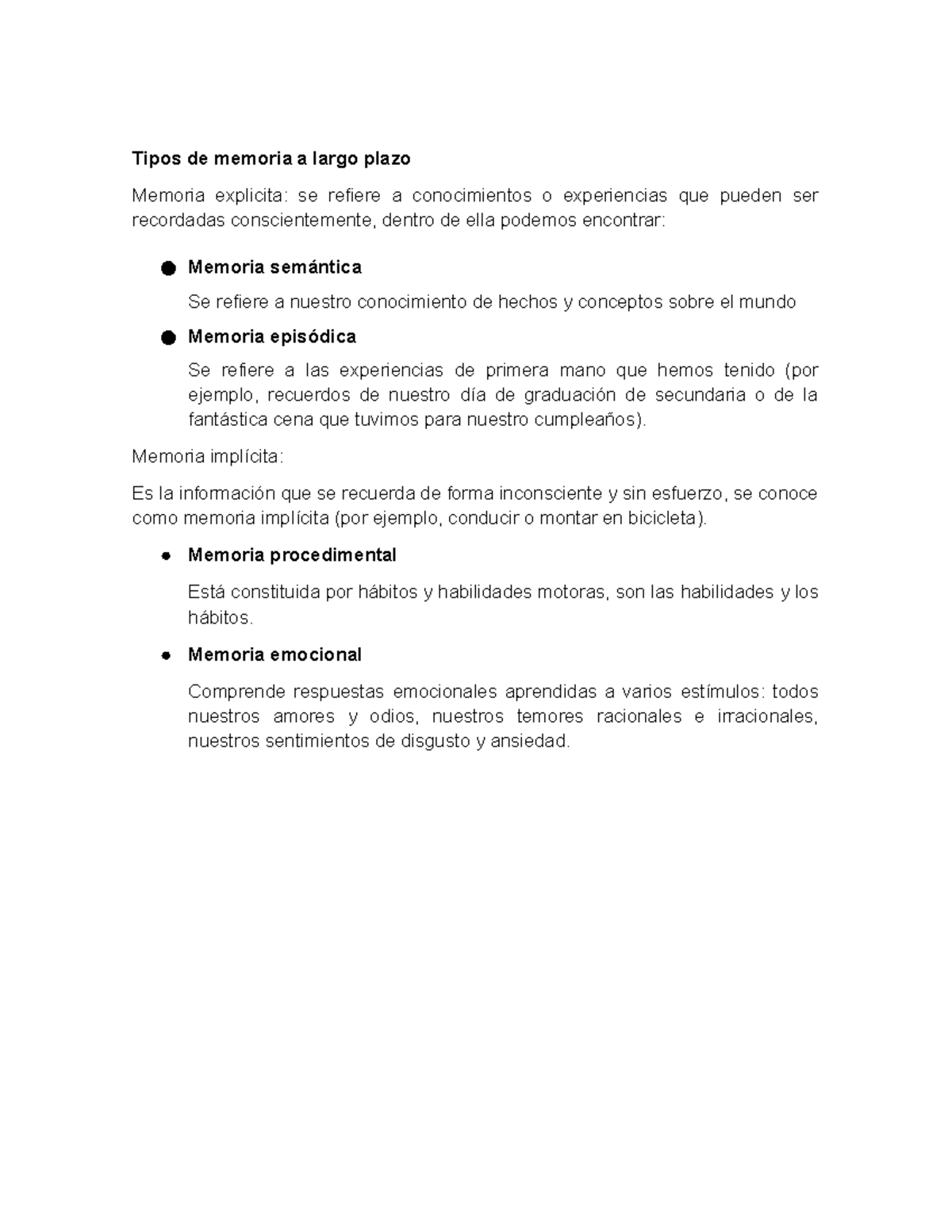 Memoria tipos a largo plazo - Tipos de memoria a largo plazo Memoria ...