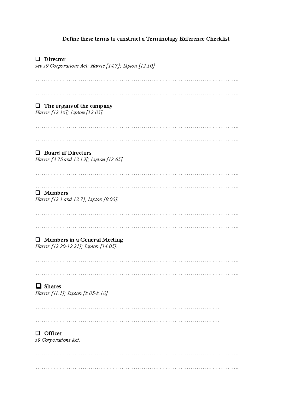 LLH305 Terminology Checklist - Define these terms to construct a ...