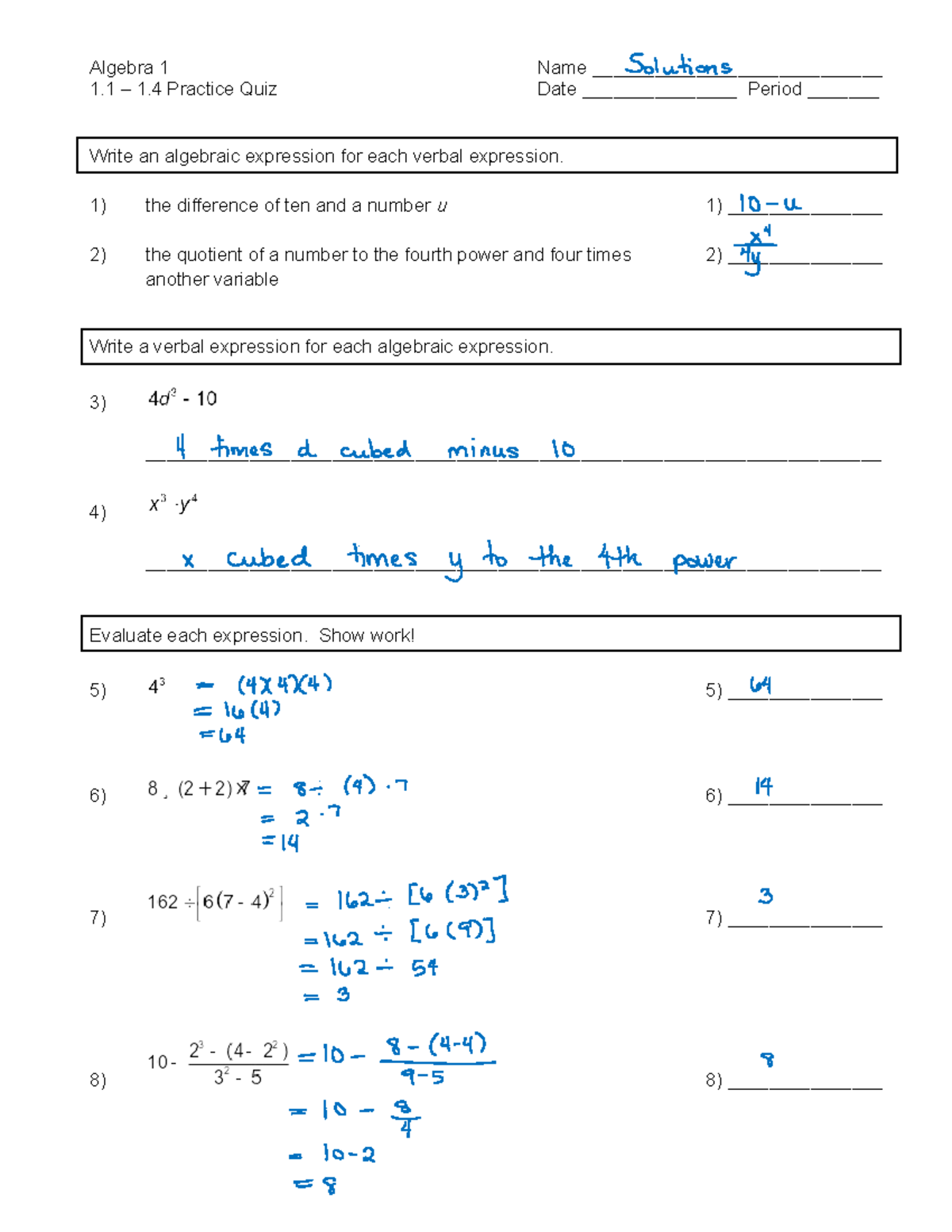 1.1 - 1.4 Practice Quiz 2023-2024 Solutions - Algebra 1 Name