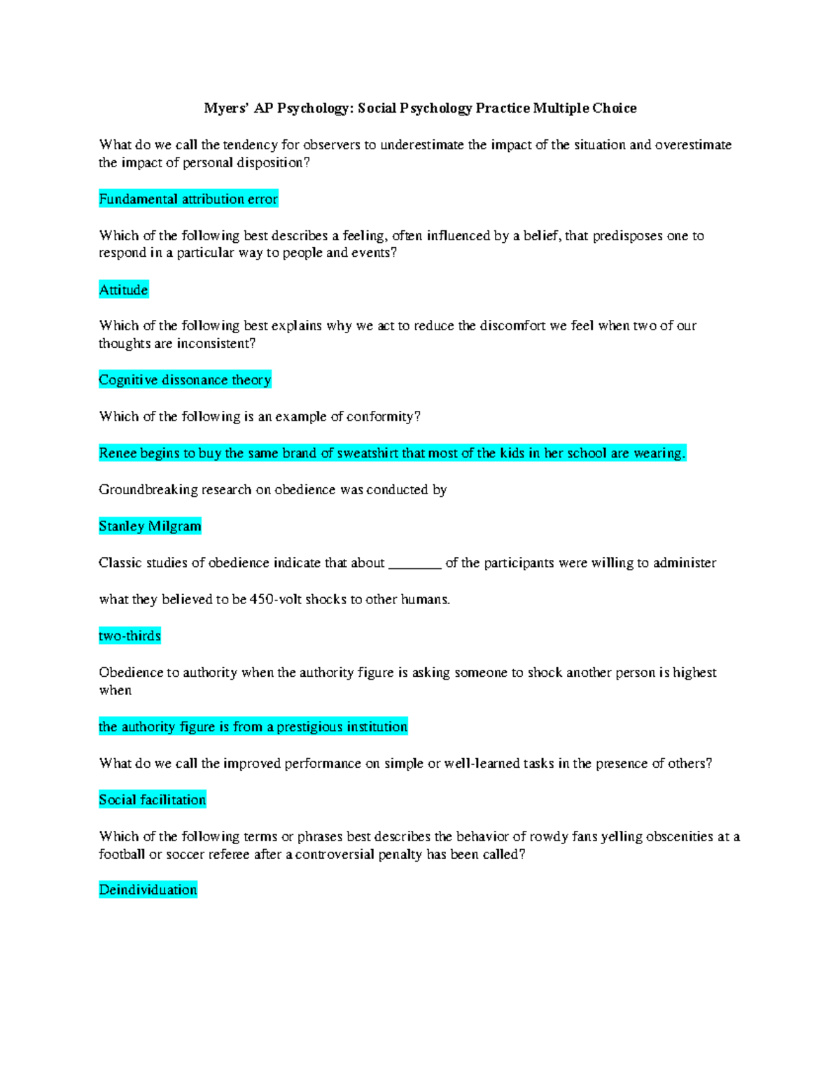 PSYCH practice multiple choice for social psychology unit - PSY 131 ...
