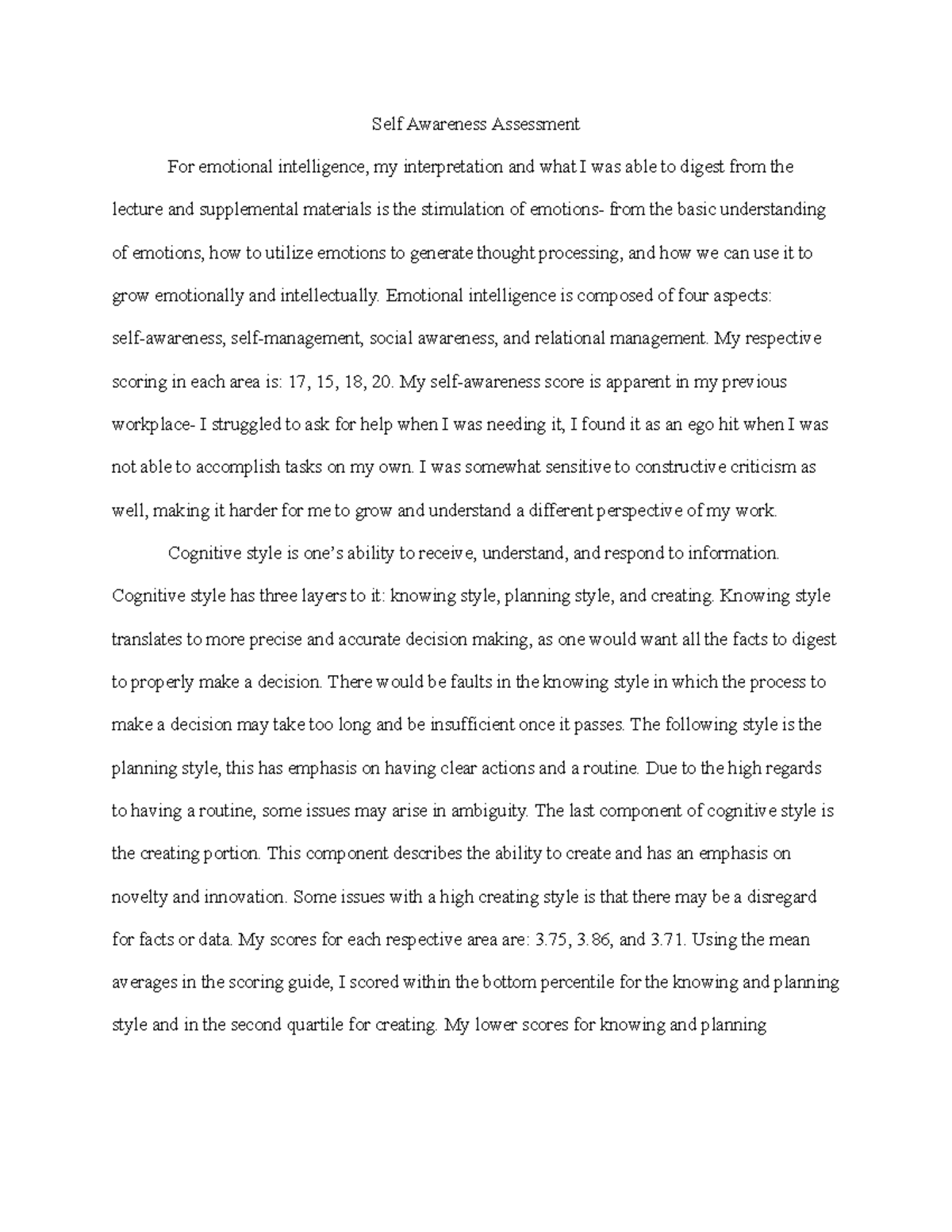 Assessment 1 - Self Awareness Assessment For emotional intelligence, my ...