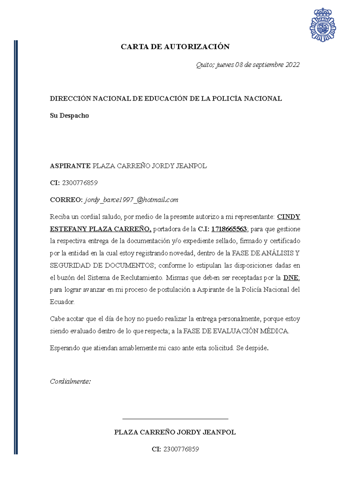 Carta DE Autorización Jordy Plaza - CARTA DE AUTORIZACIÓN Quito; jueves ...