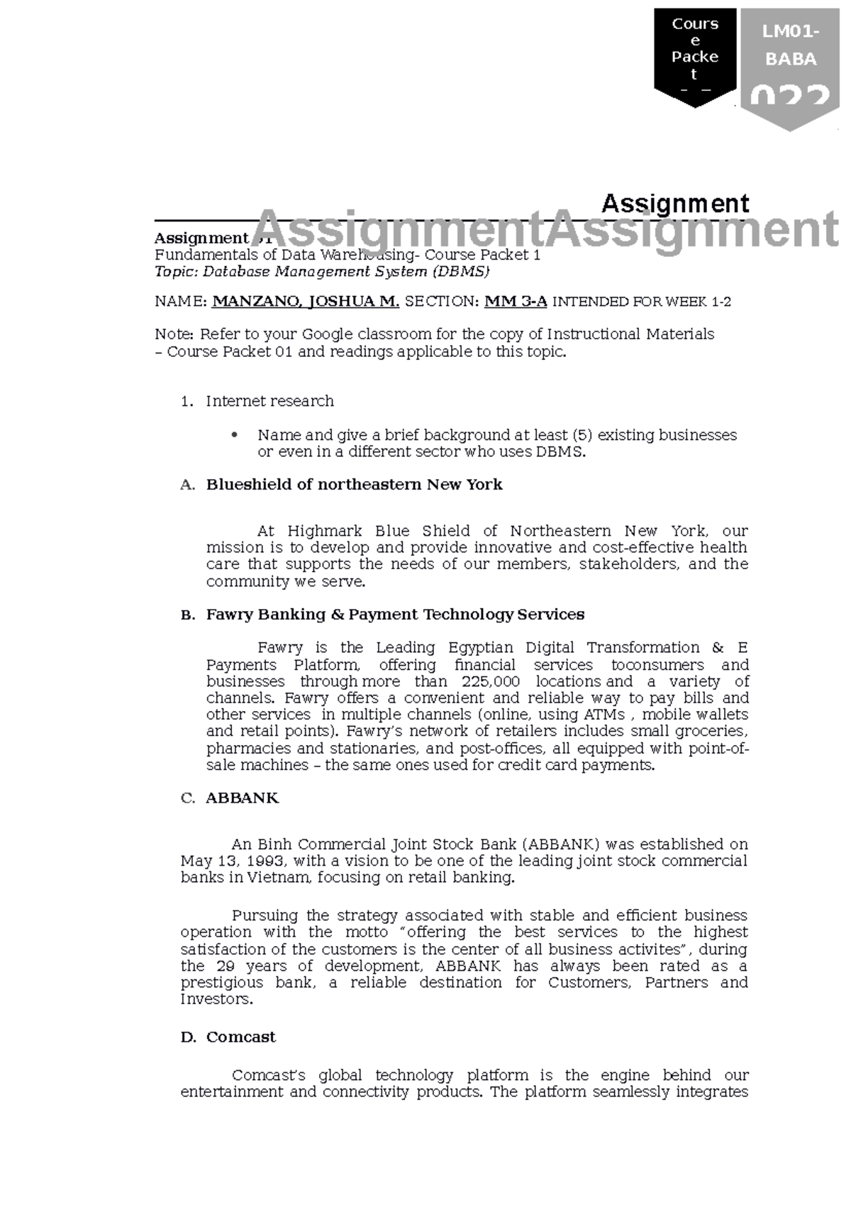 Assignment 01 - ssasasas - Assignment Assignment 01 Fundamentals of Data Warehousing- Course ...