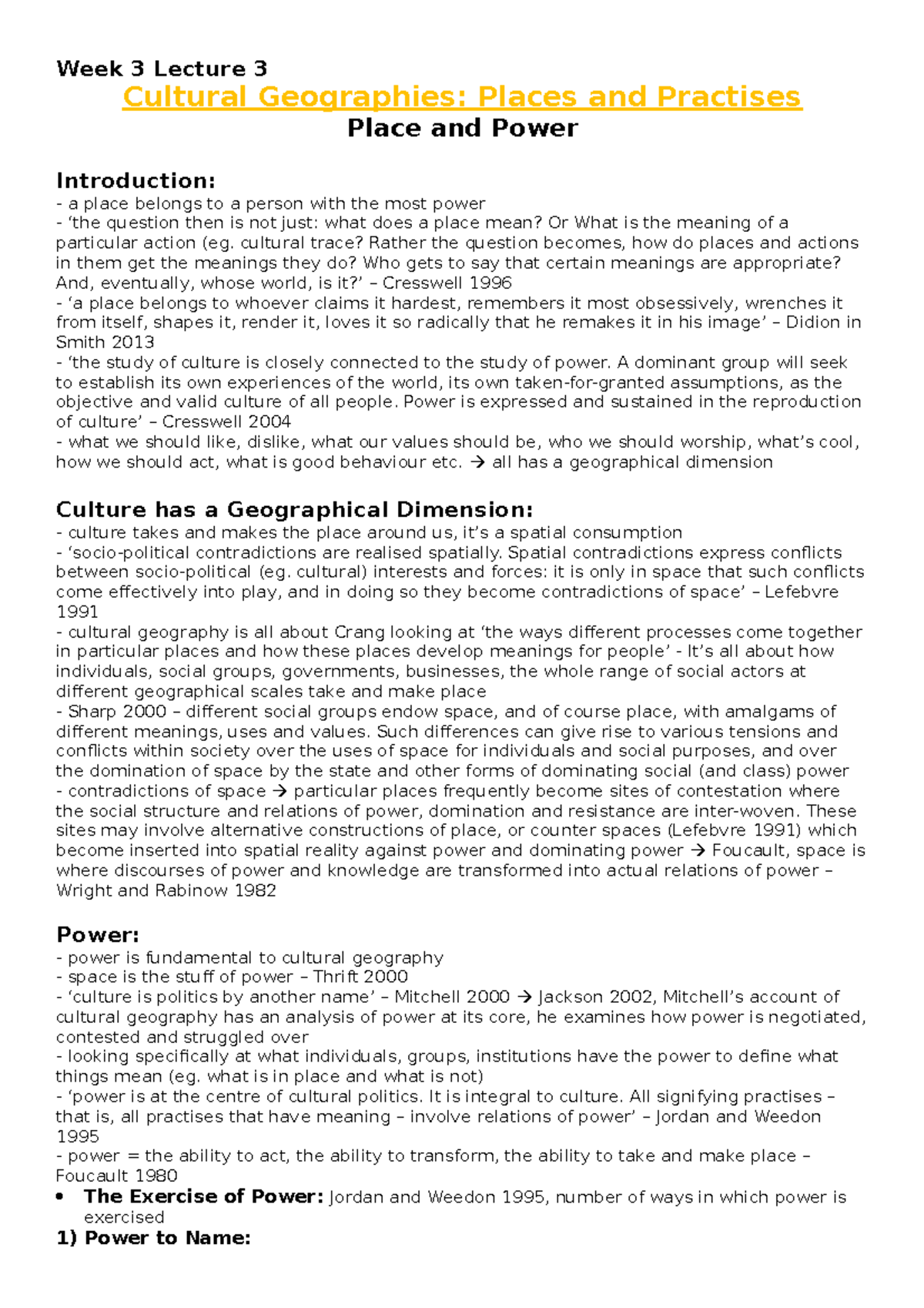 Week 3 Lecture 3 - Cultural Geography - Week 3 Lecture 3 Cultural ...