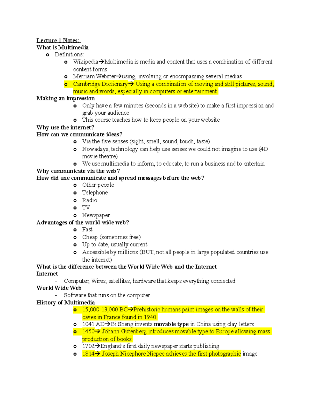 Comp Sci Lecture 1 Notes - Lecture 1 Notes: What is Multimedia o ...