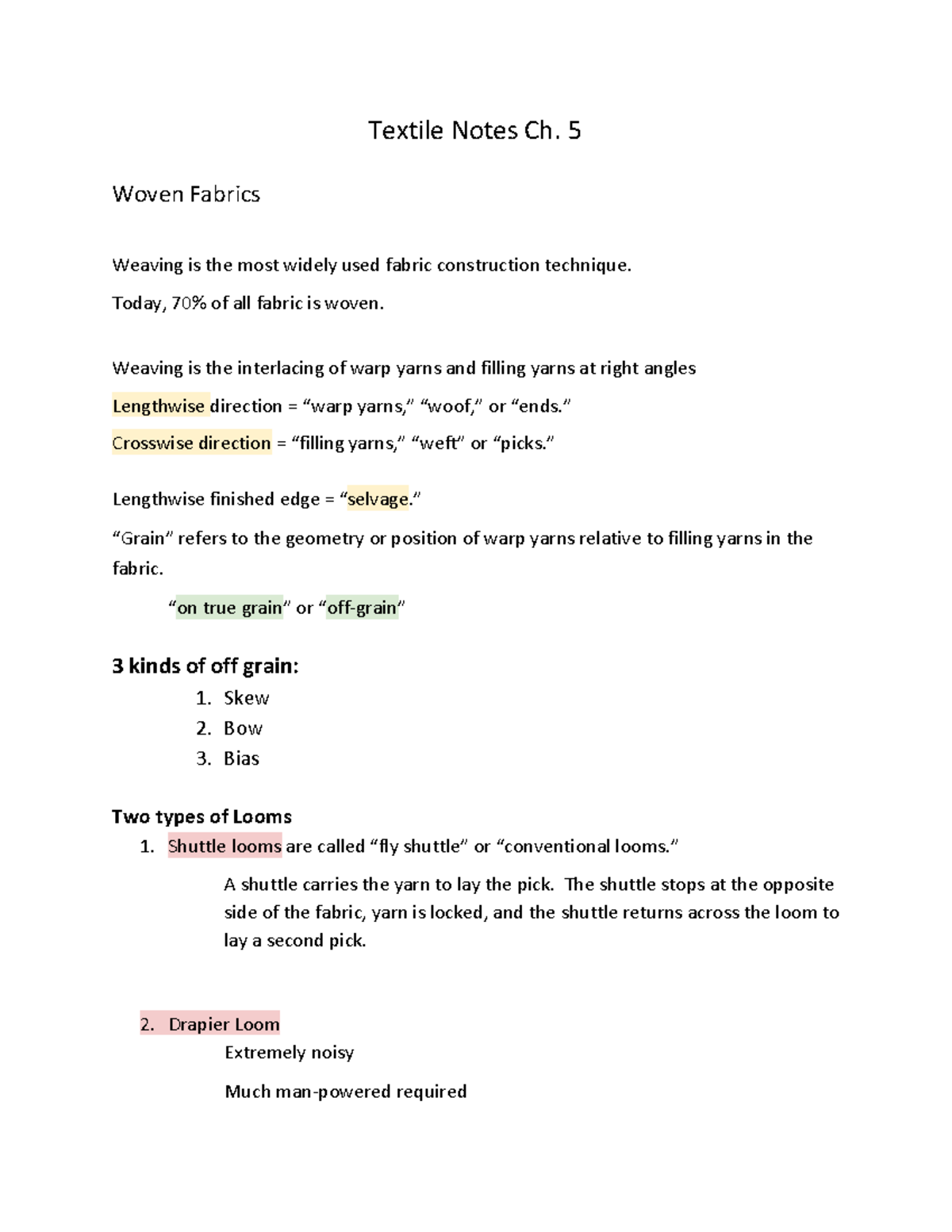 Textile Notes Ch 5-10 notes - Textile Notes Ch. 5 Woven Fabrics Weaving ...
