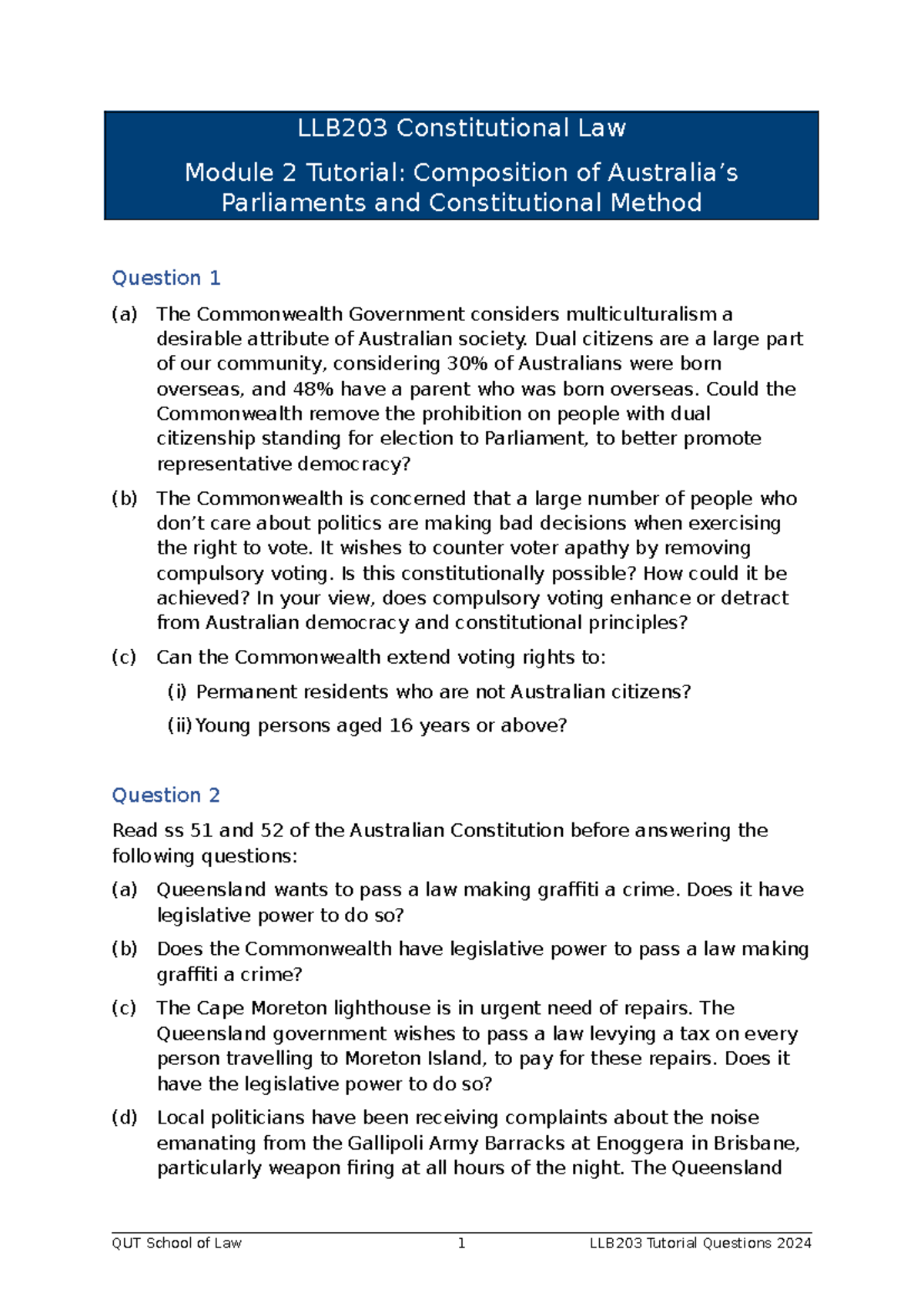 Module 2 Tutorial Questions - Composition of Parliament and ...