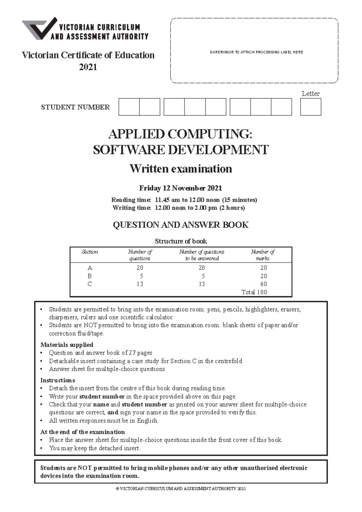 2021-vcaa - VCAA REPORT ANS - APPLIED COMPUTING: SOFTWARE DEVELOPMENT Written examination Friday ...