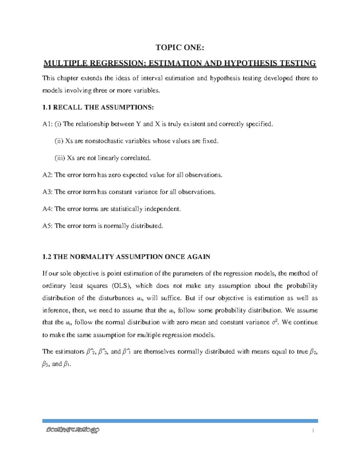 Topic 1-Multiple regression analysis - TOPIC ONE: MULTIPLE REGRESSION: ESTIMATION AND HYPOTHESIS ...