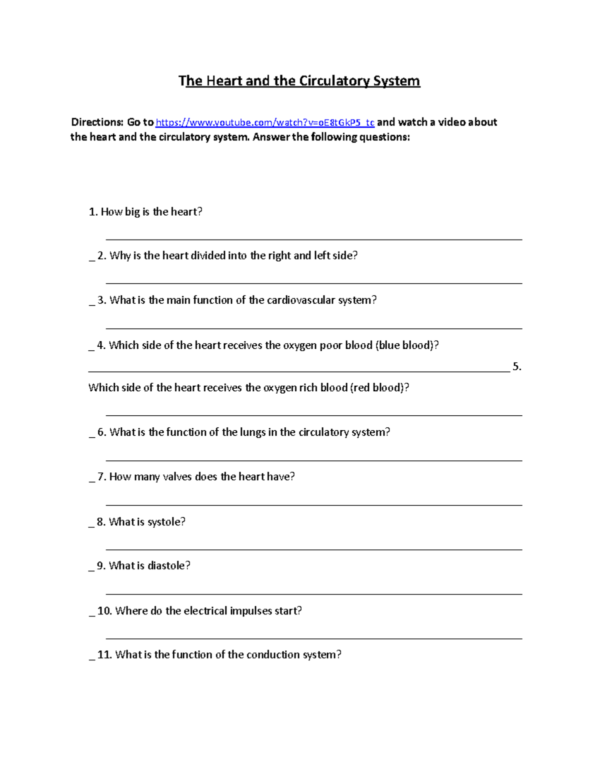 The Heart and the Circulatory System Video- Computer Assignment - The ...