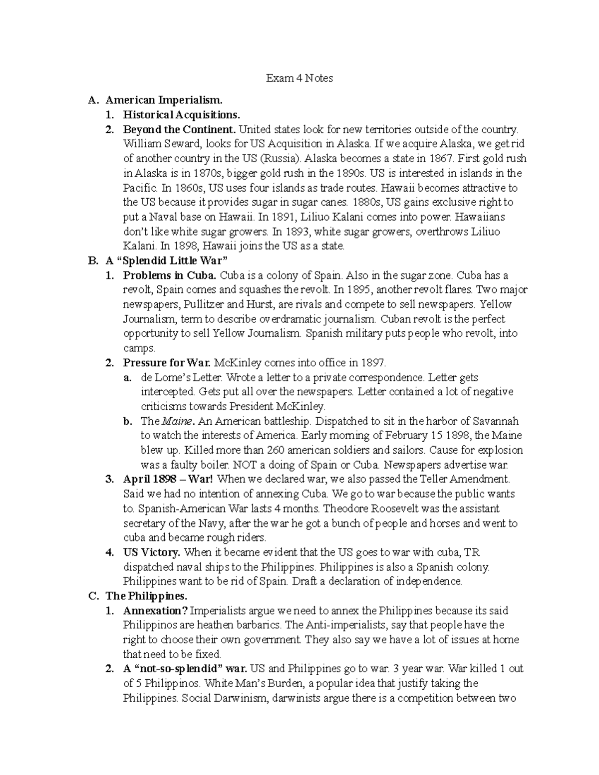 Exam 4 Notes - Exam 4 Notes A. American Imperialism. 1. Historical ...
