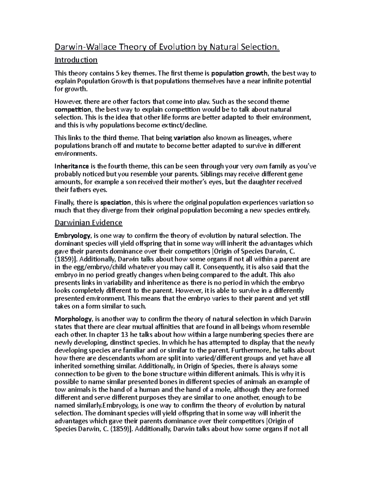 Darwin Essay - Darwin-Wallace Theory of Evolution by Natural Selection ...
