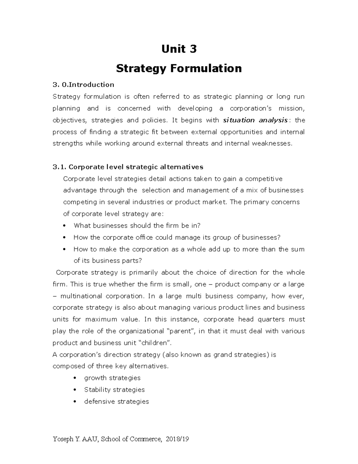 SM U-3 Strategy Formulation - Unit 3 Strategy Formulation 0 Strategy ...