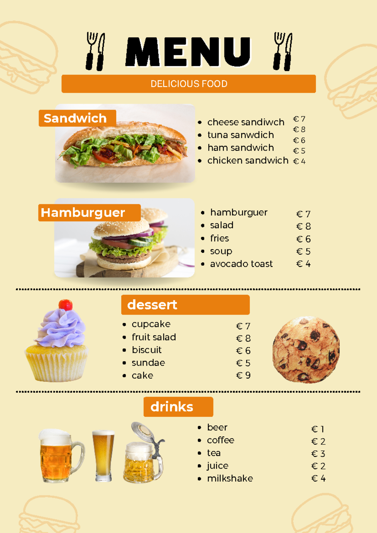 Menu restaurante saludable naranja - cheese sandiwch tuna sanwdich ham ...