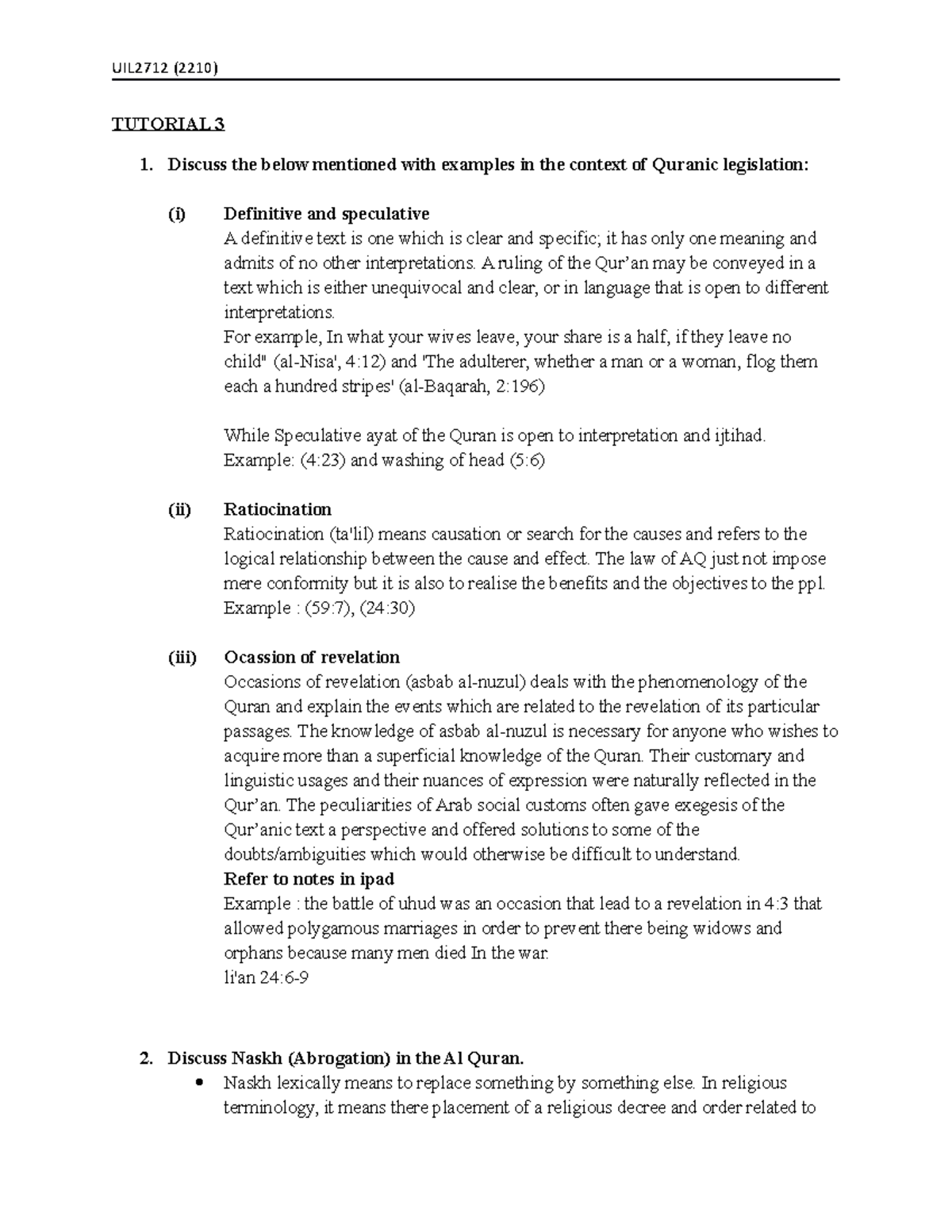 IL TUTO 3 - tutorial 3 questions only - UIL2712 (2210) TUTORIAL 3 1. Discuss the below mentioned ...