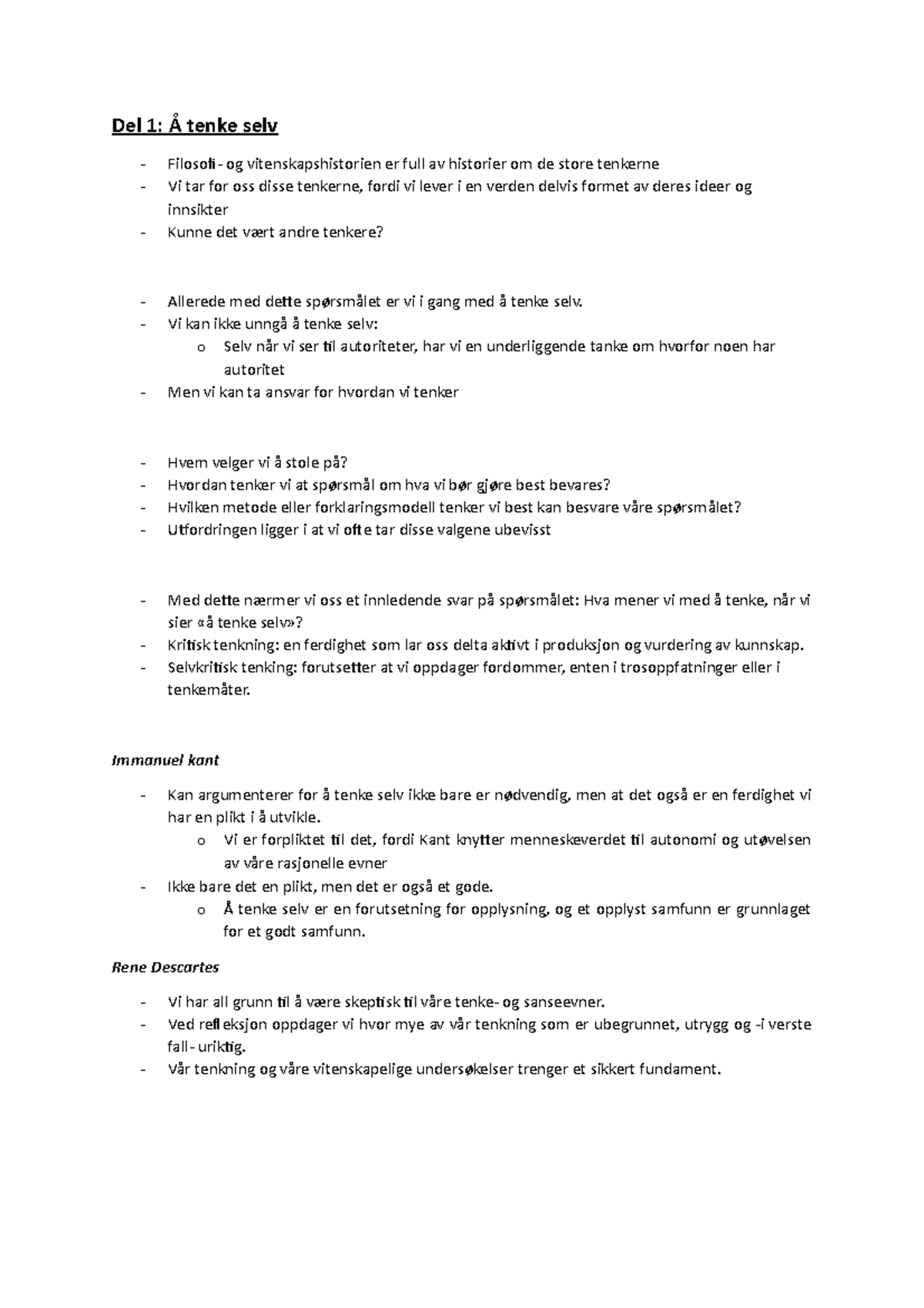 Uke 1 notater: å tenke selv - Del 1: Å tenke selv Filosofi- og ...