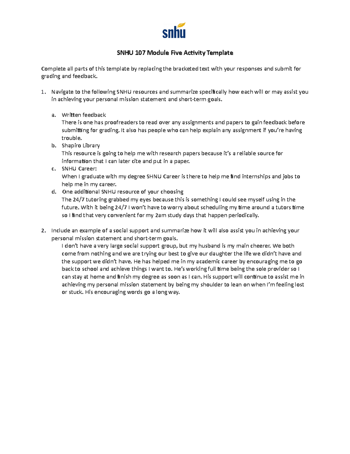 SNHU 107 Module Five Activity Template Maliory Sullivan - SNHU 107 ...