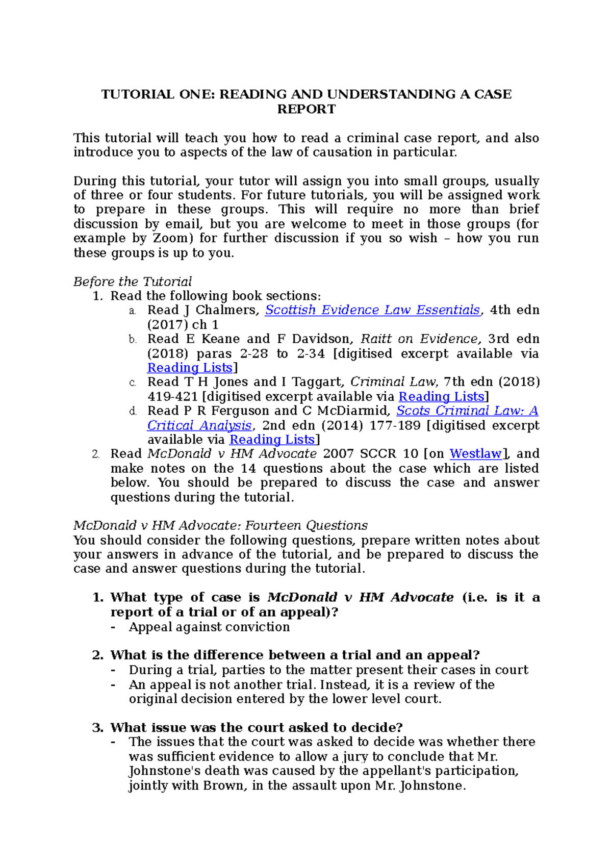 Tutorial 1 - tut1 - TUTORIAL ONE: READING AND UNDERSTANDING A CASE ...