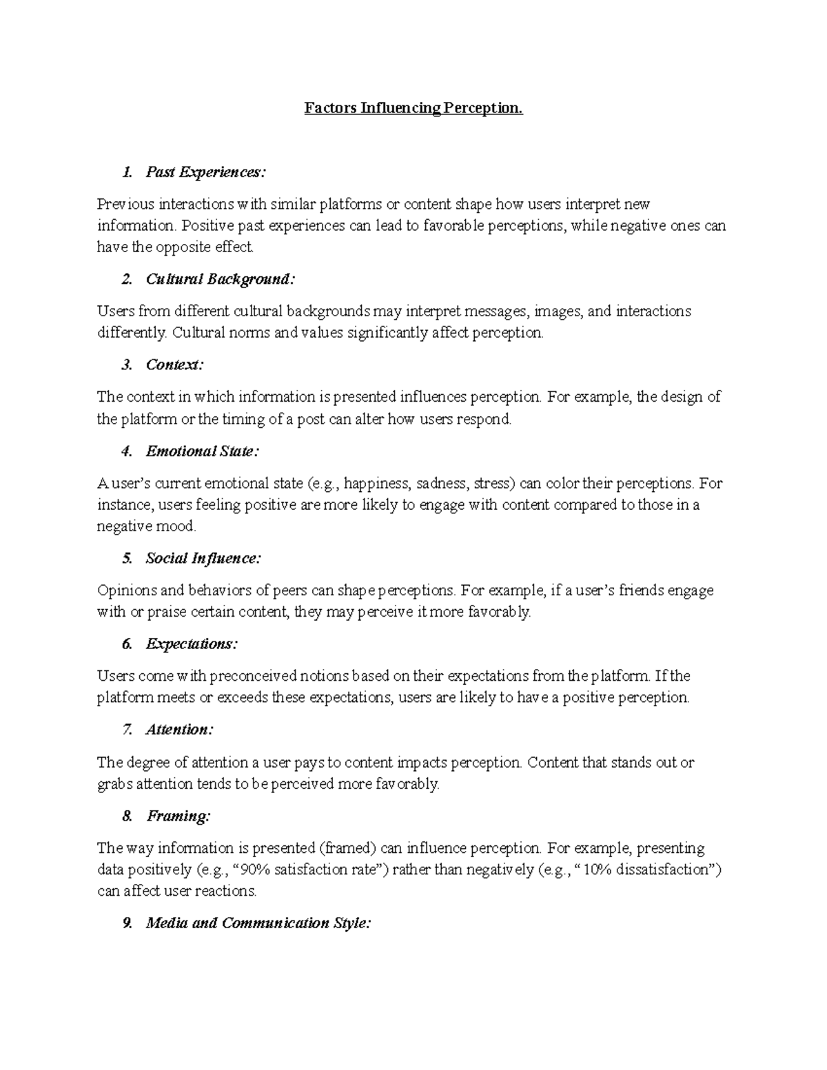 Factors influencing perception - Past Experiences: Previous ...